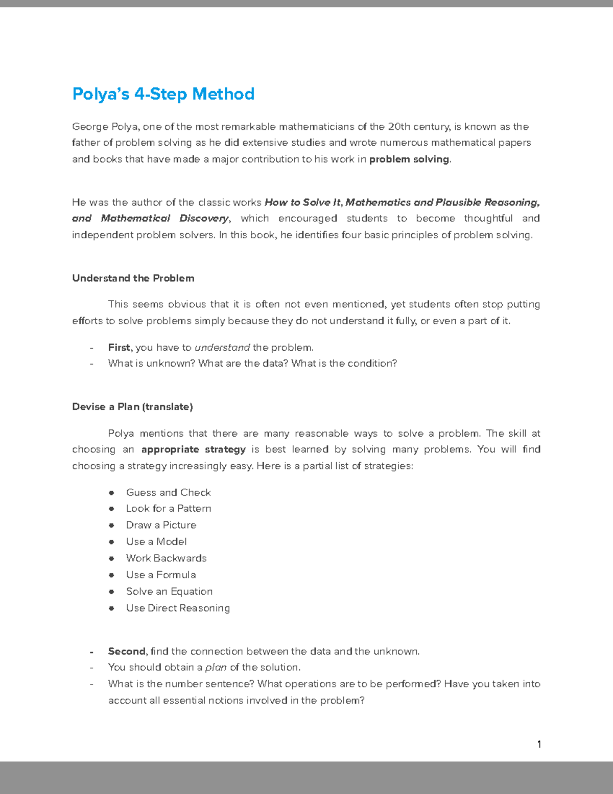 Reading Material 2 College Logic and Math - Polya’s 4-Step Method ...