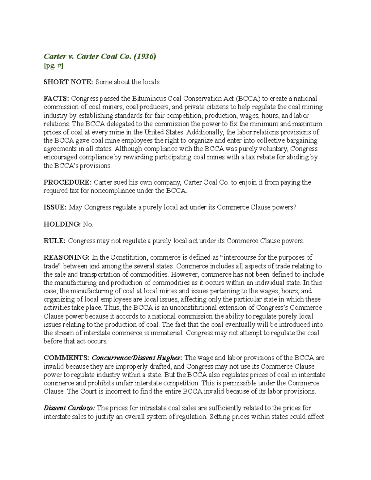 Constitutional Law - Prof. Hurst 2 - Carter v. Carter Coal Co. (1936 ...