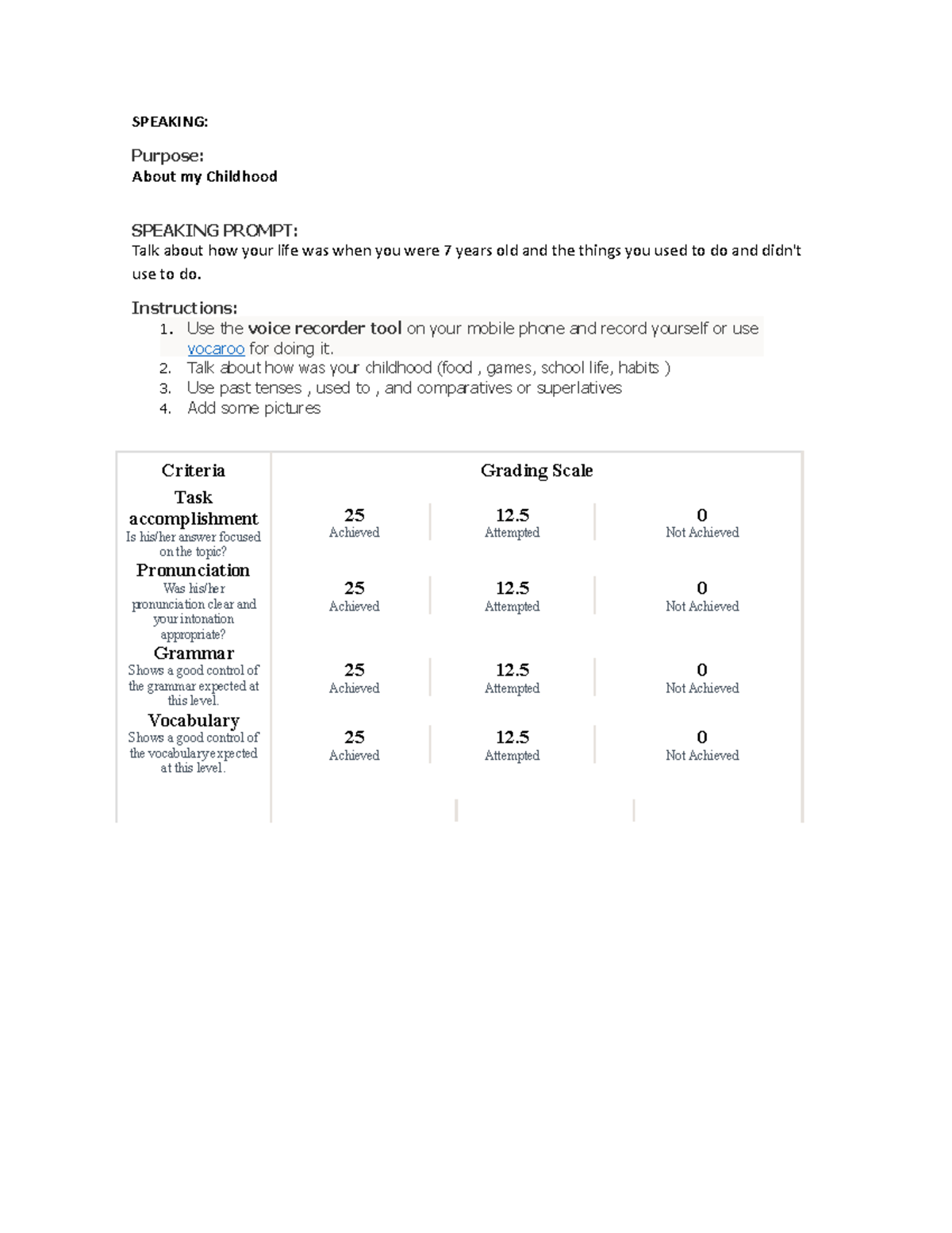 Speaking TEST - dsdsa - SPEAKING: Purpose: About my Childhood SPEAKING ...