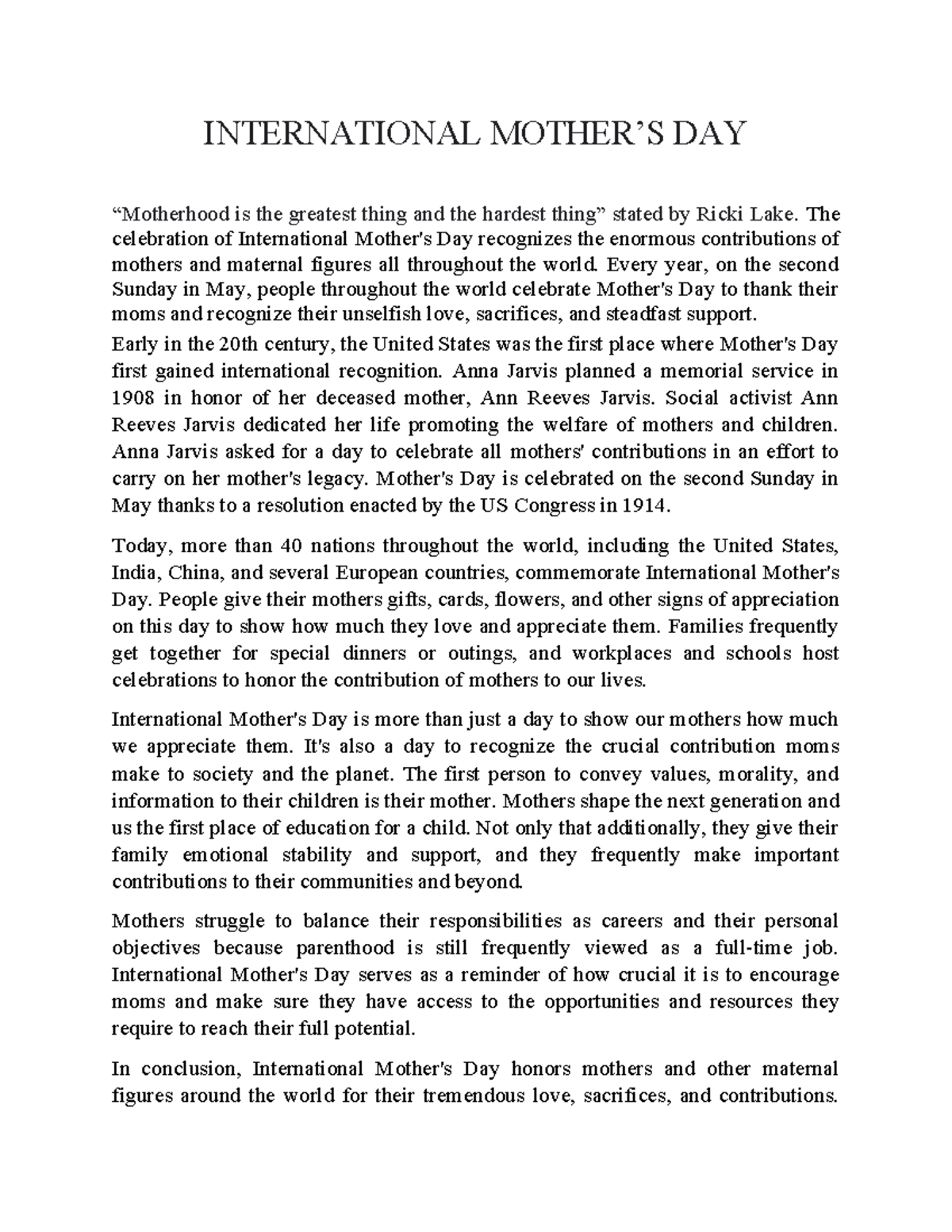 Eassy International Mother - INTERNATIONAL MOTHER’S DAY “Motherhood is ...