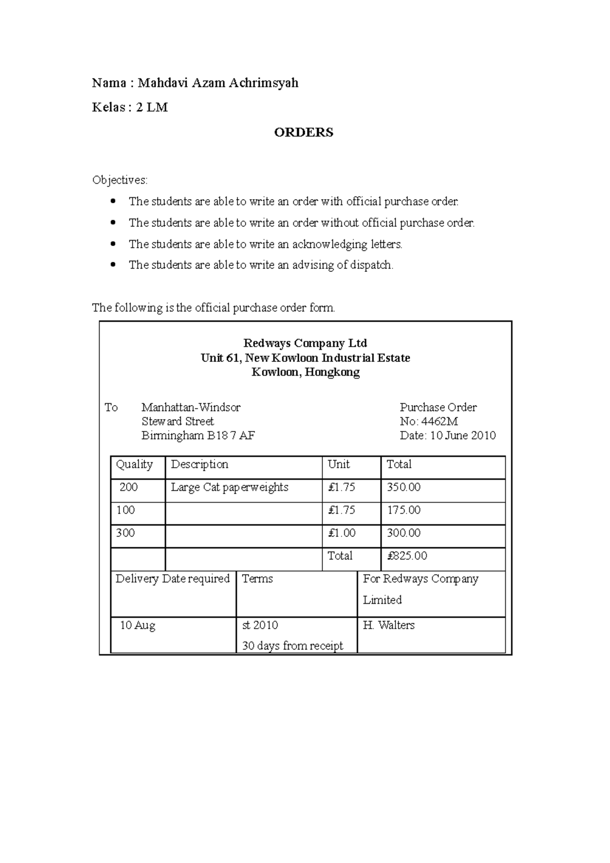 6. Orders (Mahdavi) - • The students are able to write an order with ...
