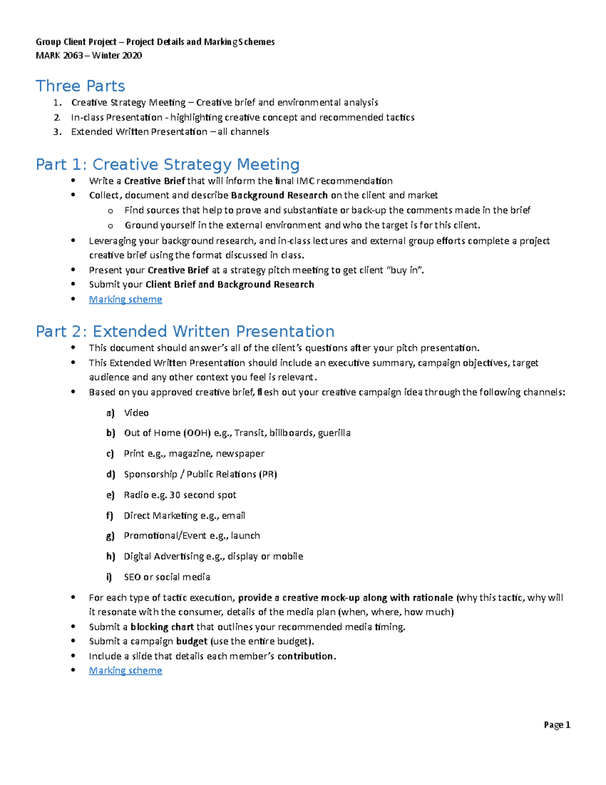 Group Project Outline & Marking Scheme Winter 2020 - MARK 2063 – Winter ...