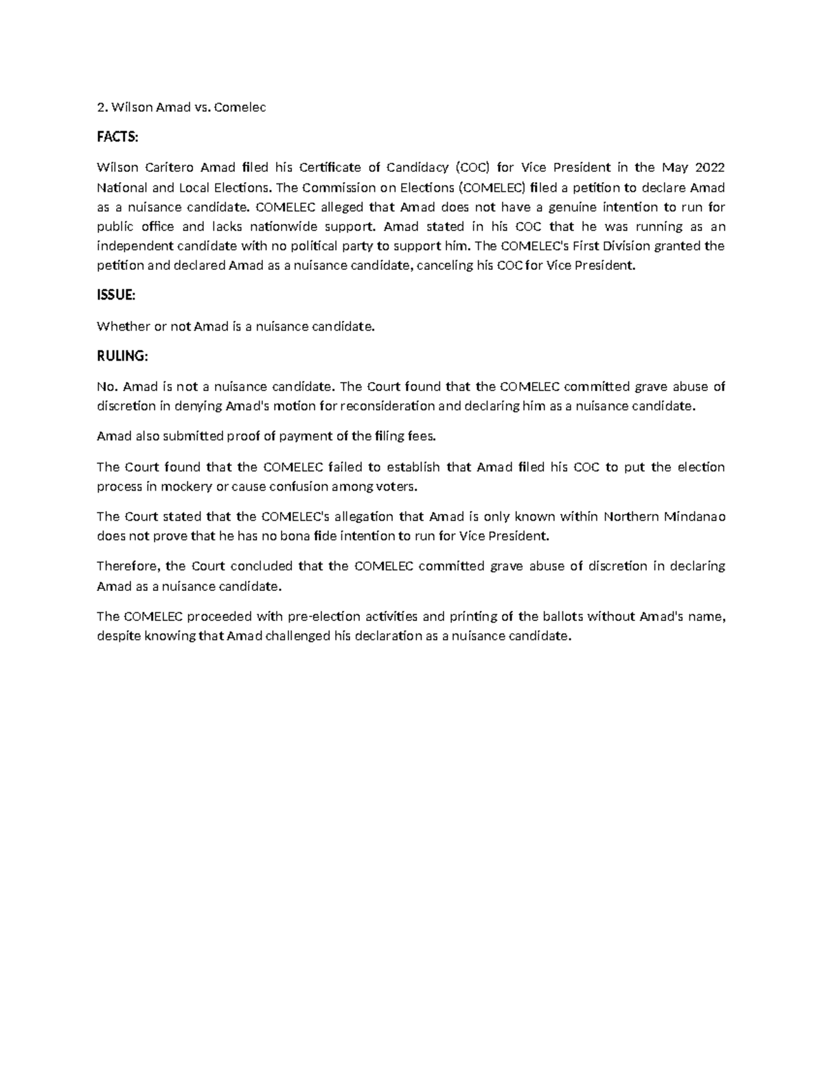 Election law cases compiled - 2. Wilson Amad vs. Comelec FACTS: Wilson ...