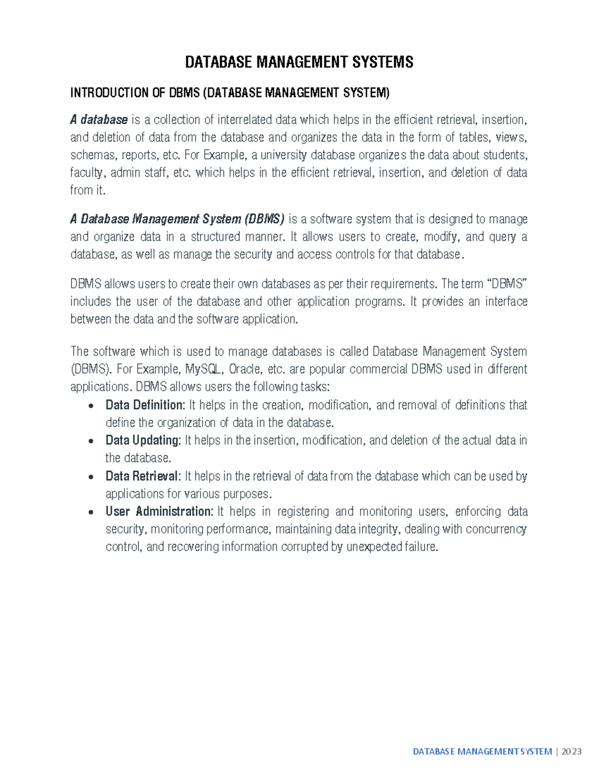 Database Management Systems - DATABASE MANAGEMENT SYSTEMS INTRODUCTION OF DBMS (DATABASE ...