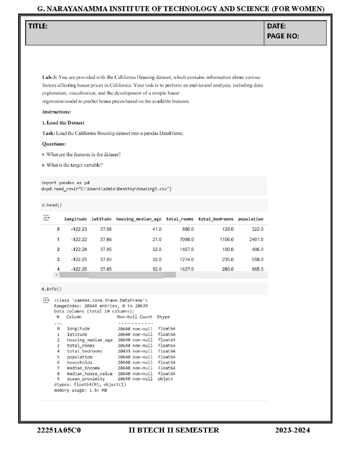 C0 record - c, .d - B. Tech - TITLE: DATE: PAGE NO: TITLE: DATE: PAGE ...