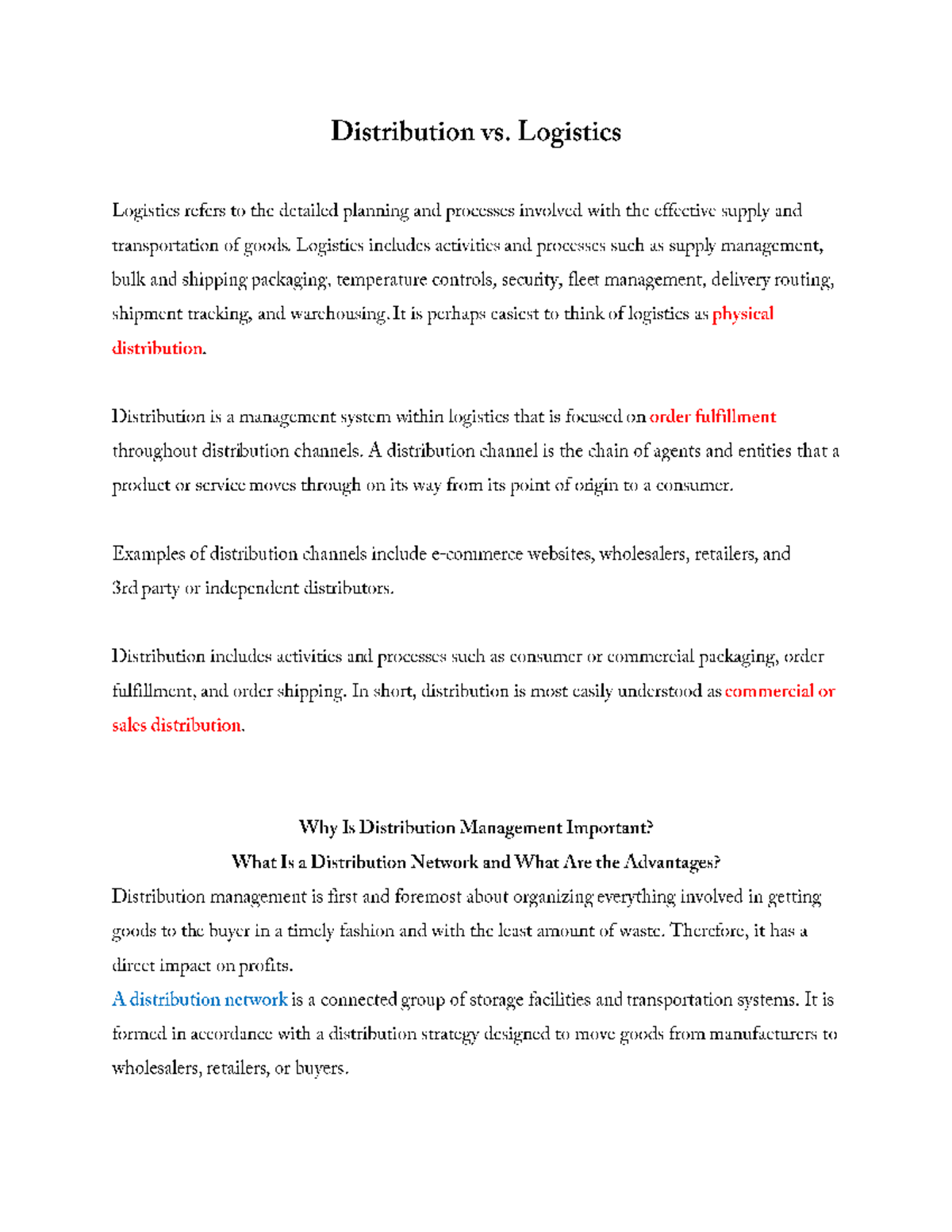 Distribution vs. Logistic - Marketing Management - Studocu