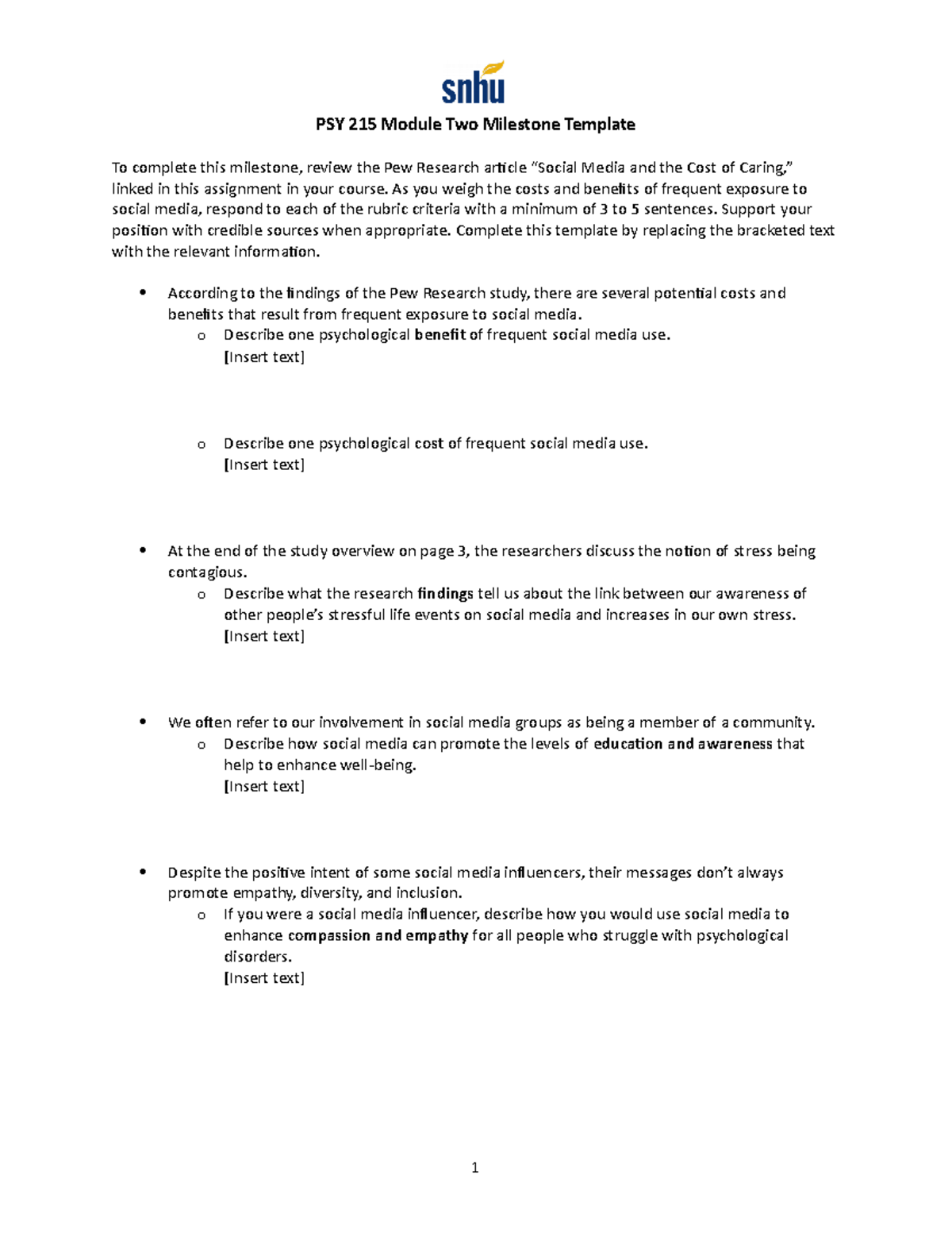 PSY 215 Module Two Milestone Template - PSY215 - SNHU - Studocu