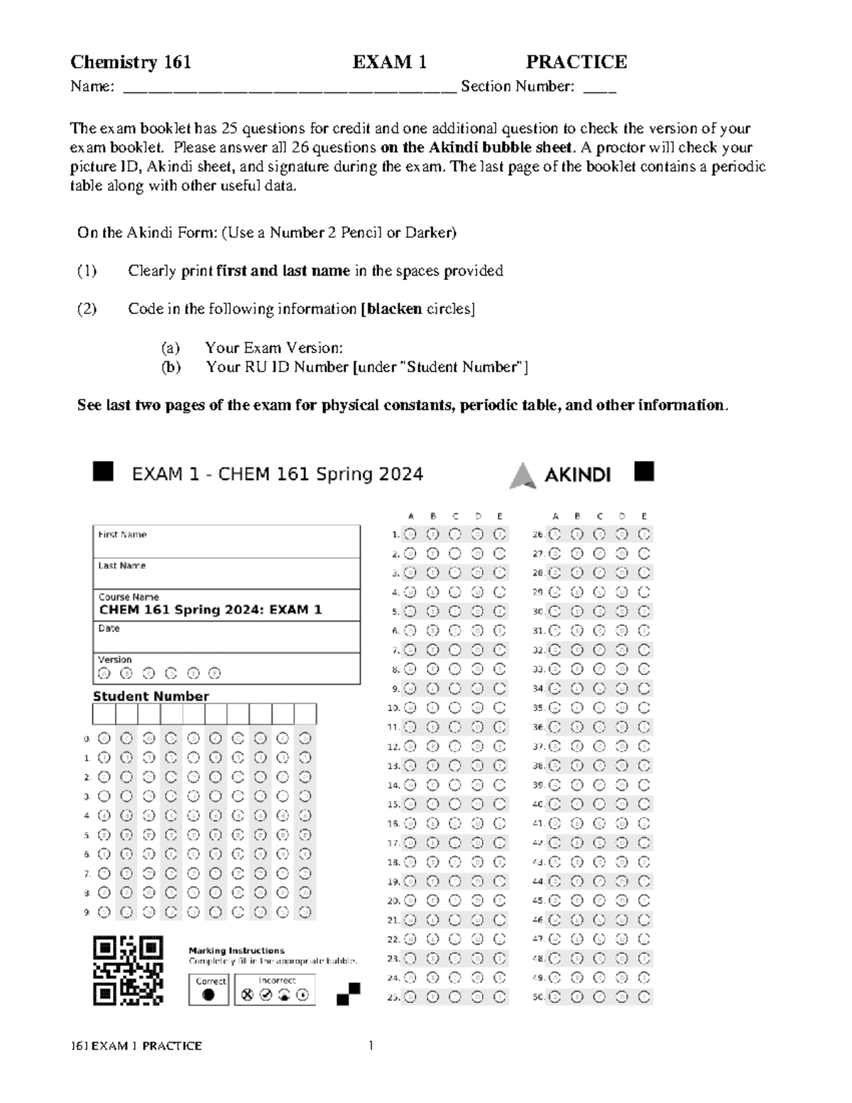 Practice+Exam+1 - Practice Exam 1 - Chemistry 161 EXAM 1 PRACTICE Name ...