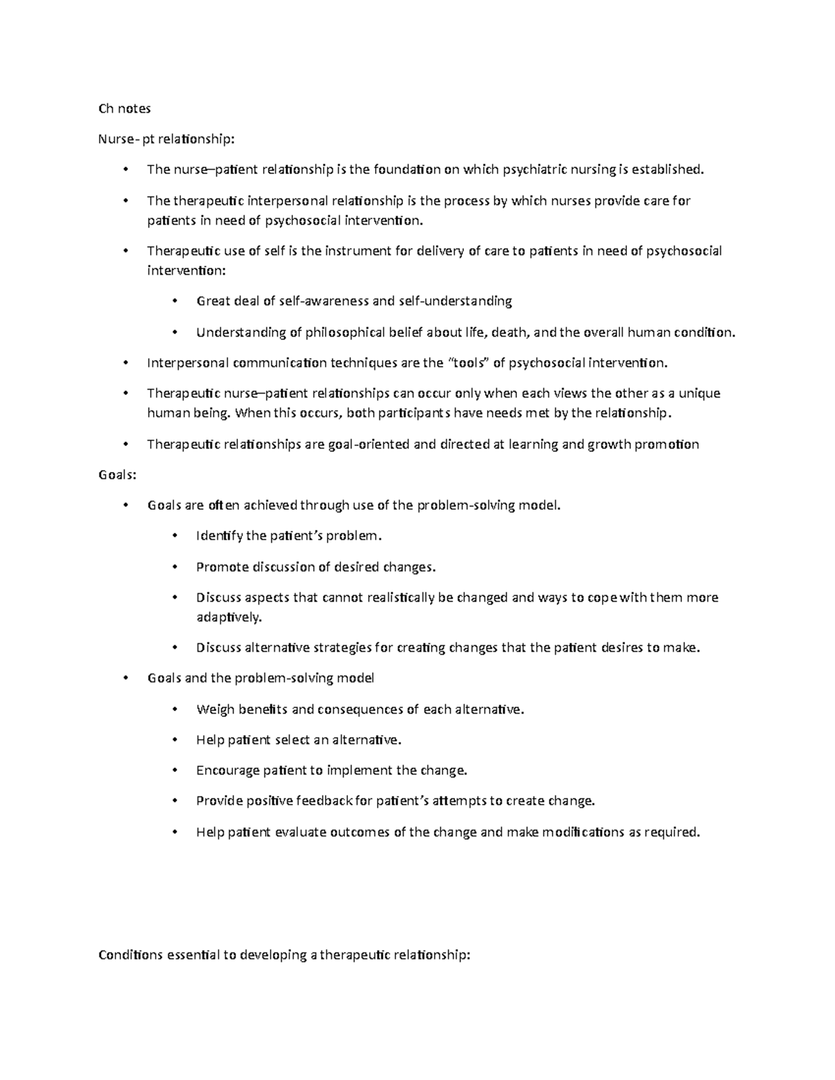 Ch 5 psy notes - Ch notes Nurse- pt relationship: The nurse–patient ...