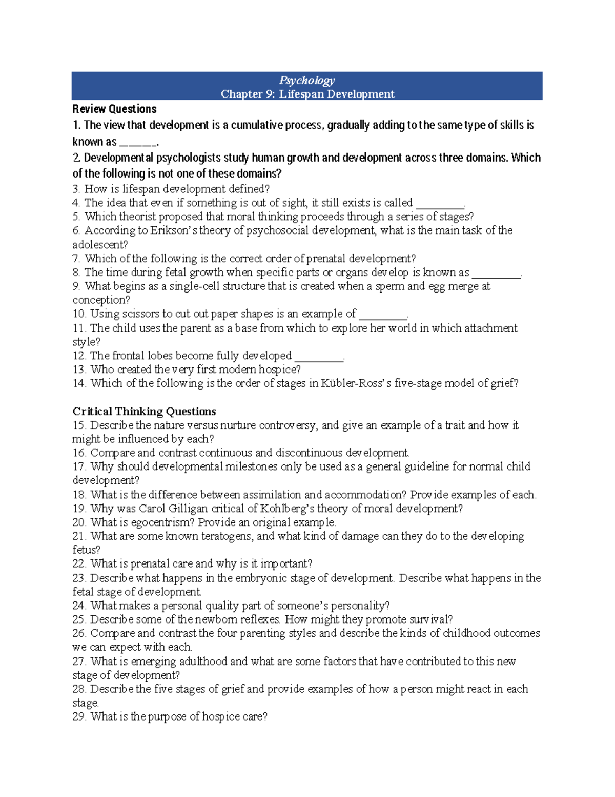 Chapter 9 - Assignments and quizzes - Psychology Chapter 9: Lifespan Development Review ...