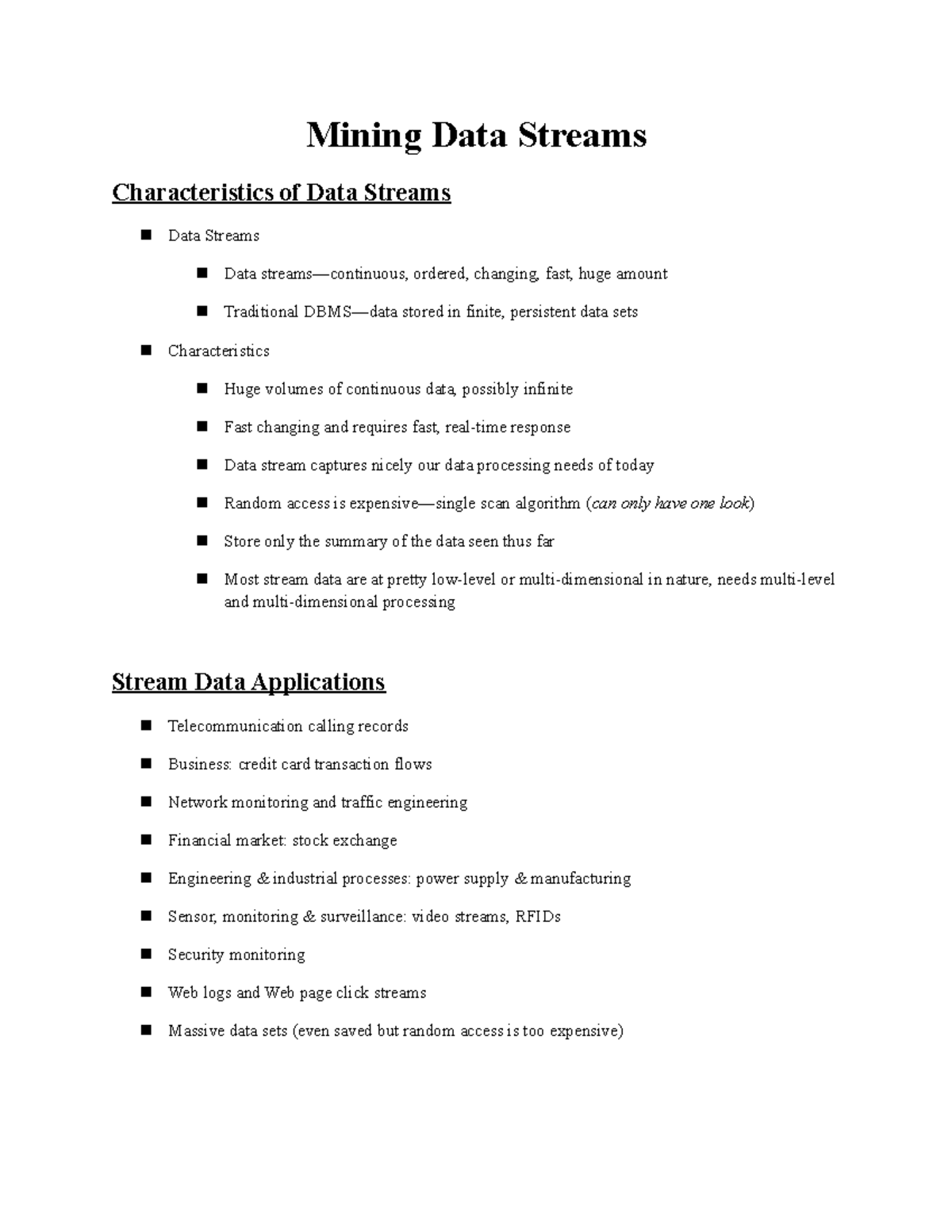 Mining Data Streams - Mining Data Streams Characteristics of Data ...