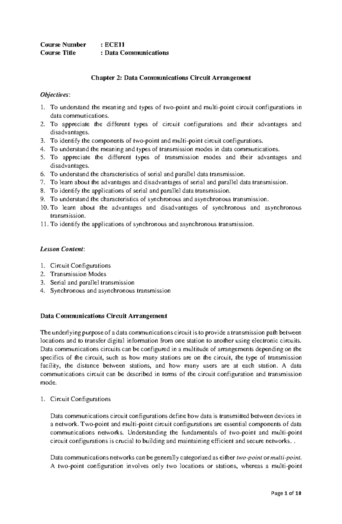 Chapter 2 - Data Communications Circuit Arrangement - Course Number ...