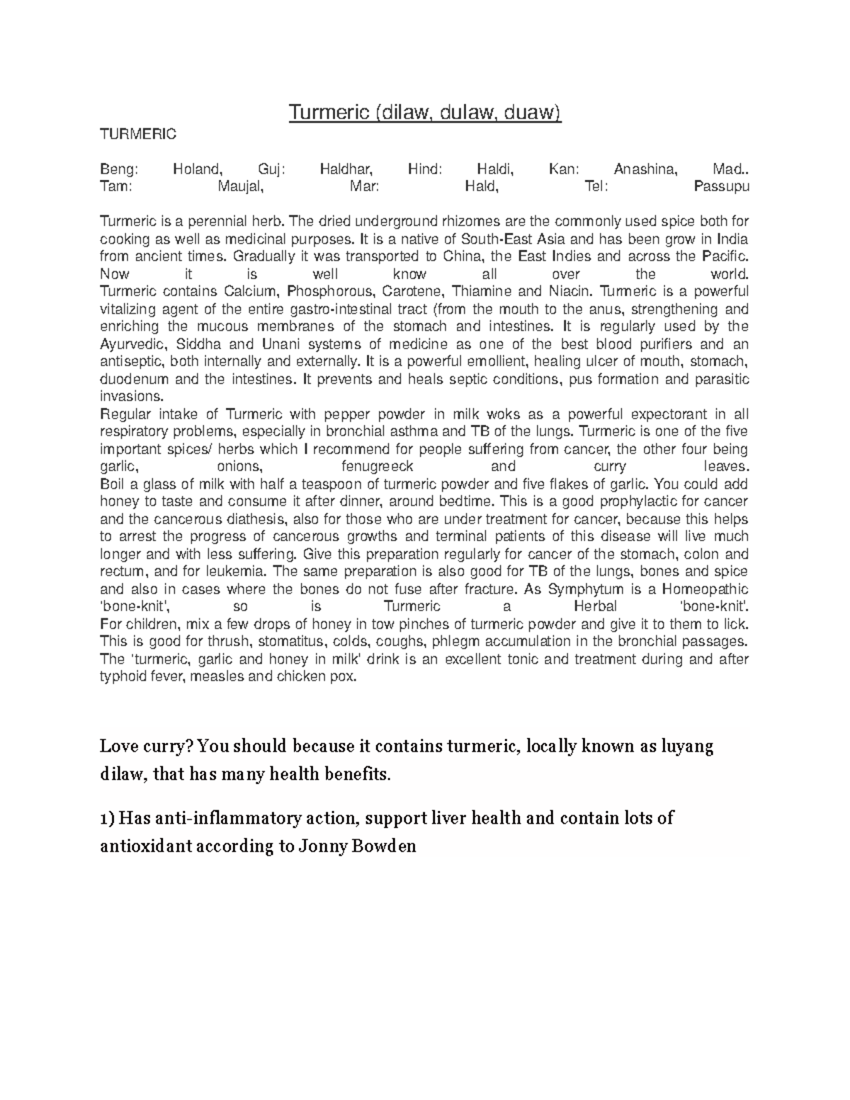 Dulaw or Turmeric - Lecture notes 1 - ####### Turmeric (dilaw, dulaw ...