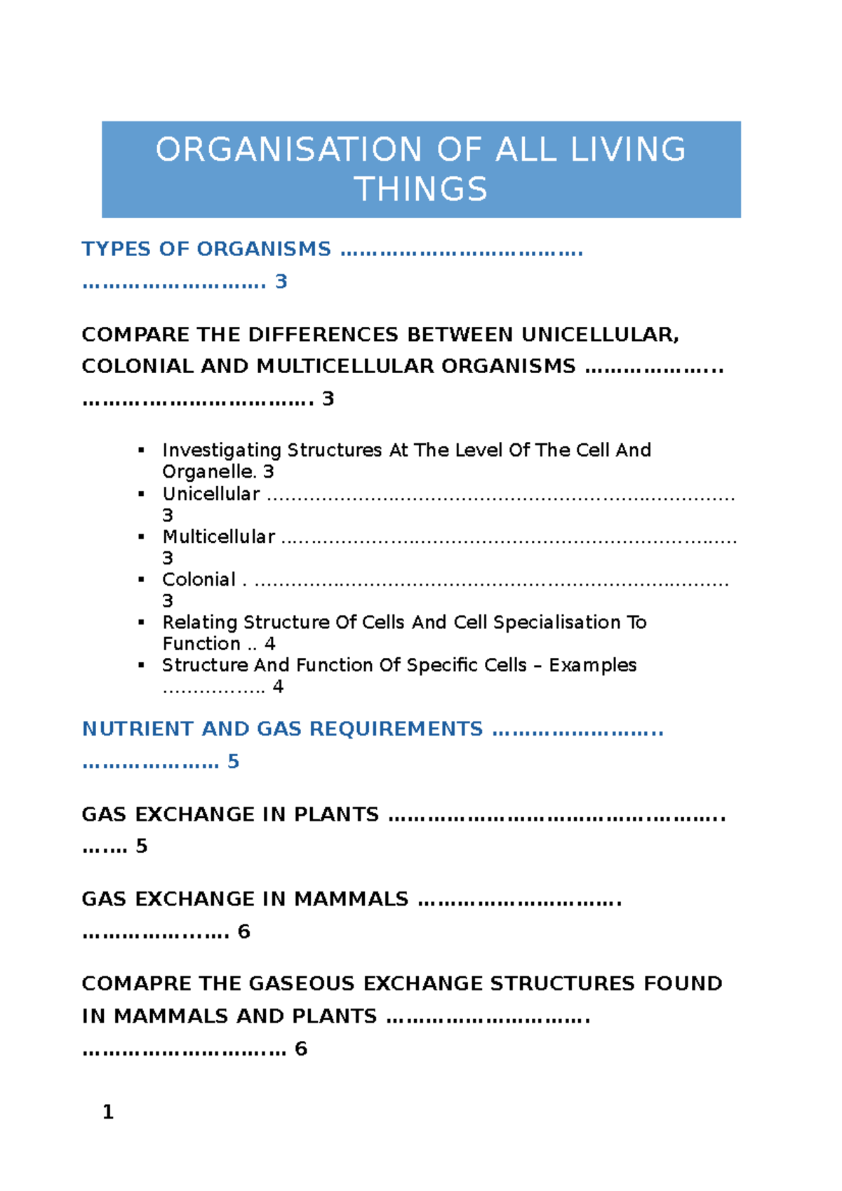 Organisation OF ALL Living Things - module 1 year12 - ORGANISATION OF ...