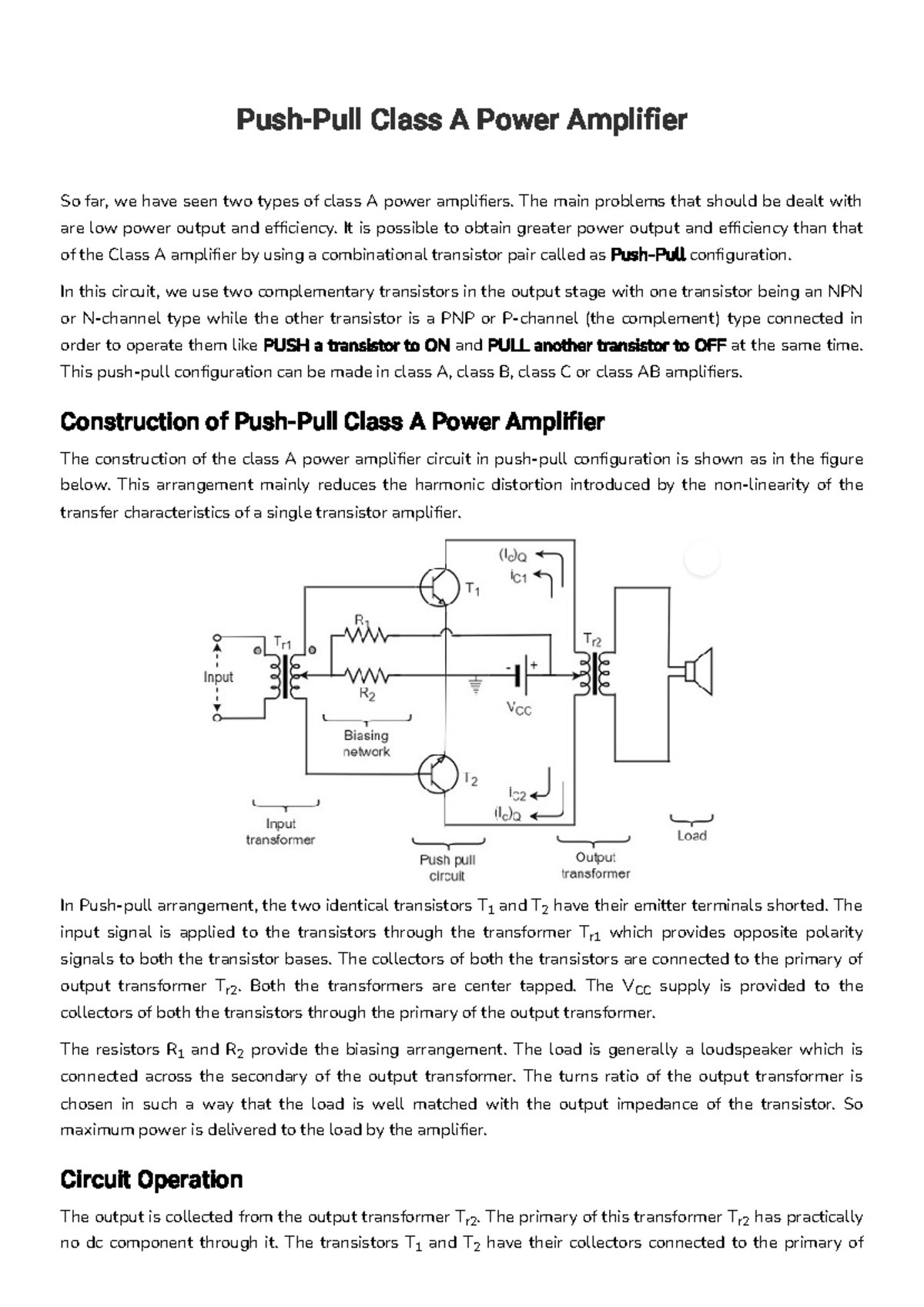 Push-Pull Class A Power Amplifier - The main problems that should be ...