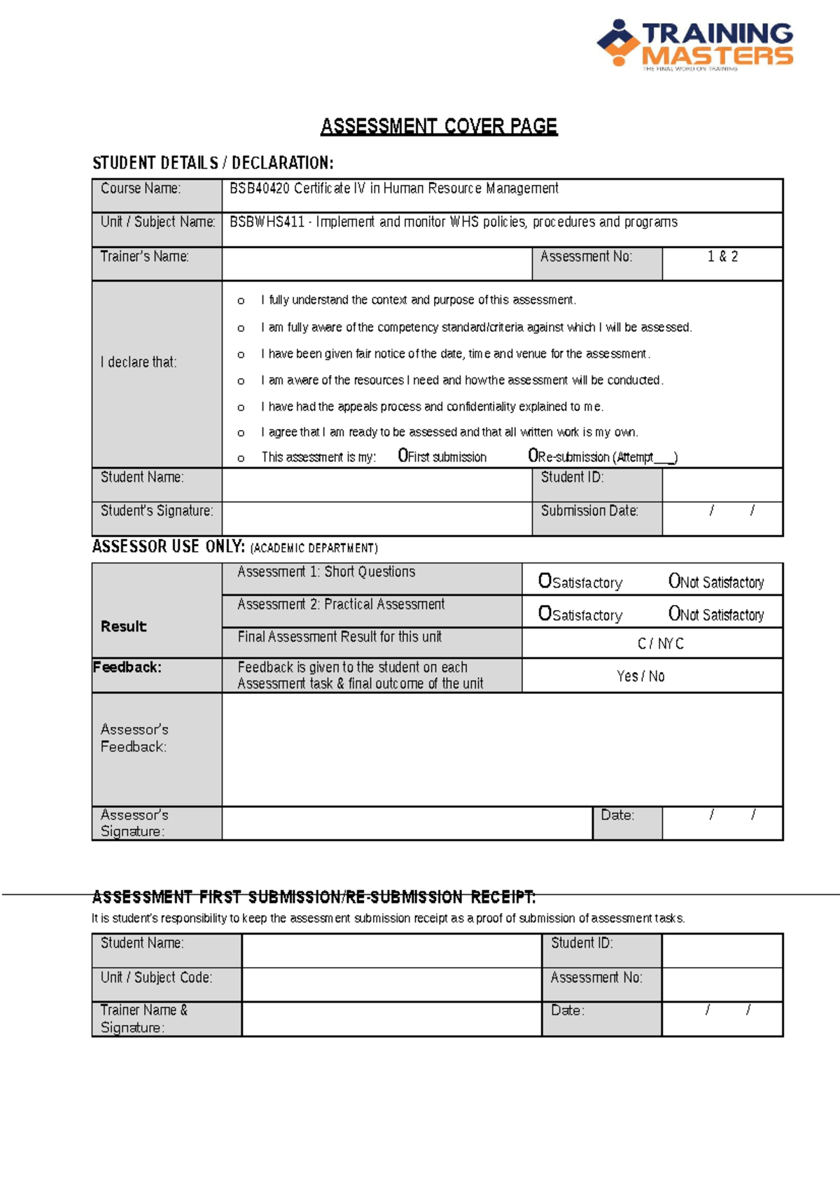 Bsbwhs 411 Student Assessment V1 - ASSESSMENT COVER PAGE STUDENT ...