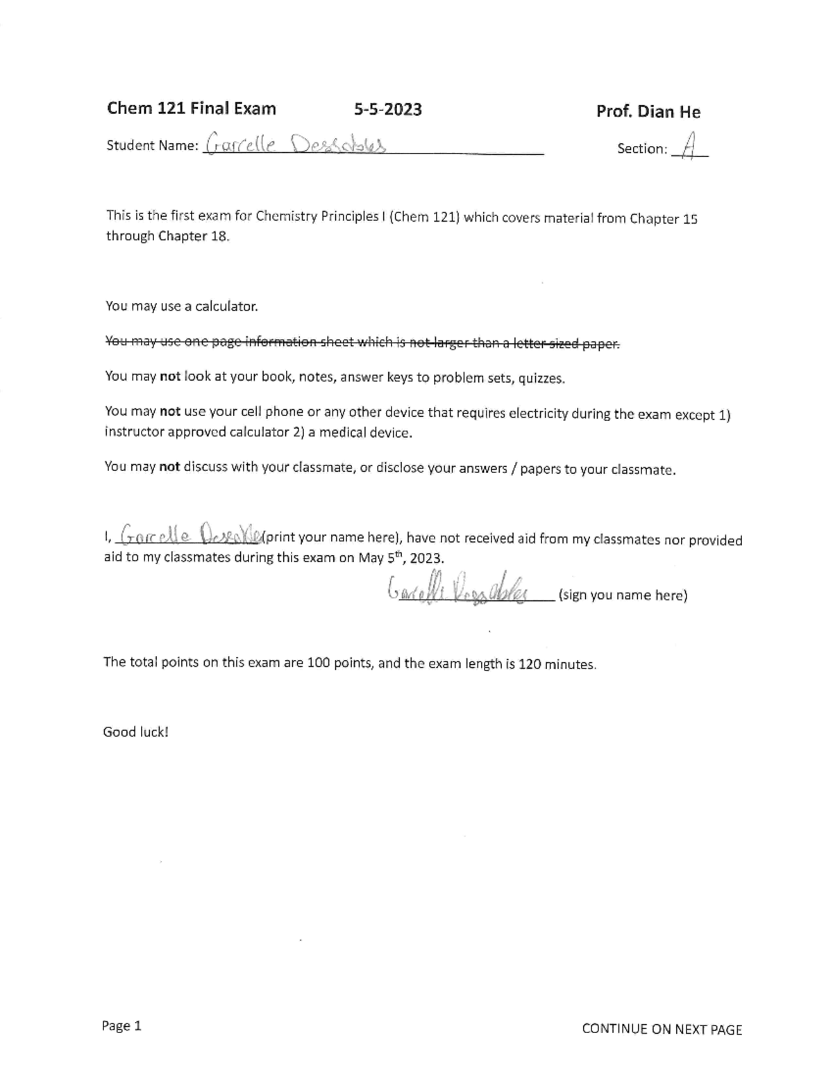 Chem 121 final exam - CHEM 121 - Studocu