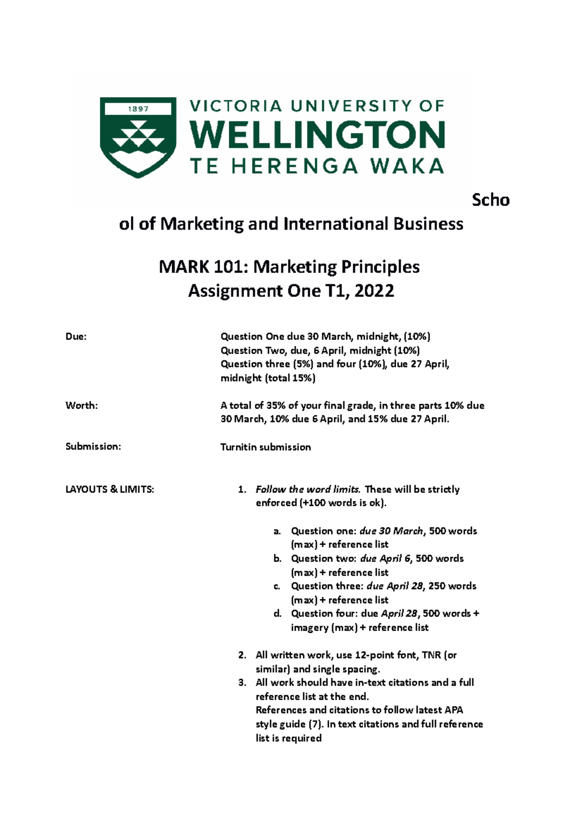 MARK101 Assignment one - Scho ol of Marketing and International ...