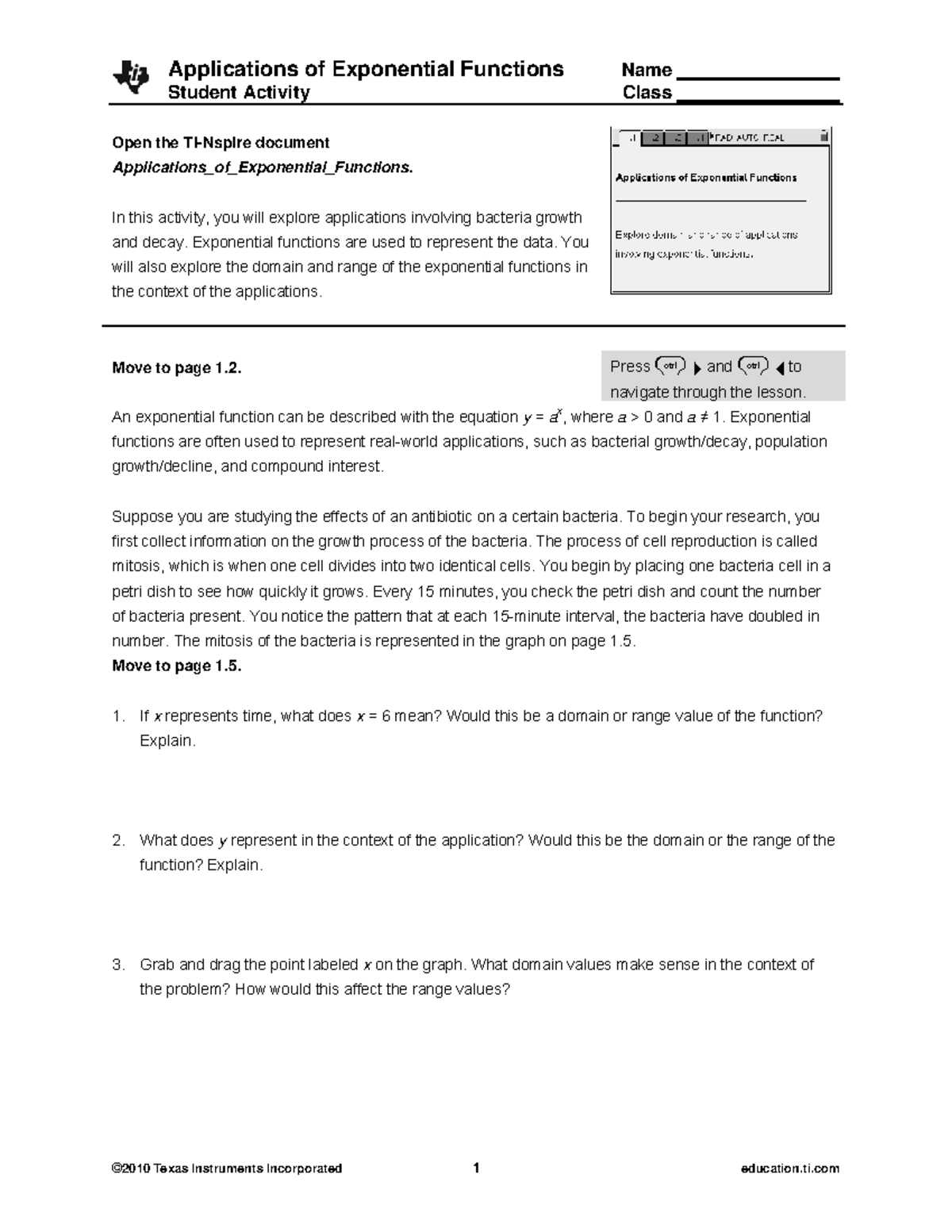 Applications of Exponential Functions Student - ti Open the TI-Nspire ...