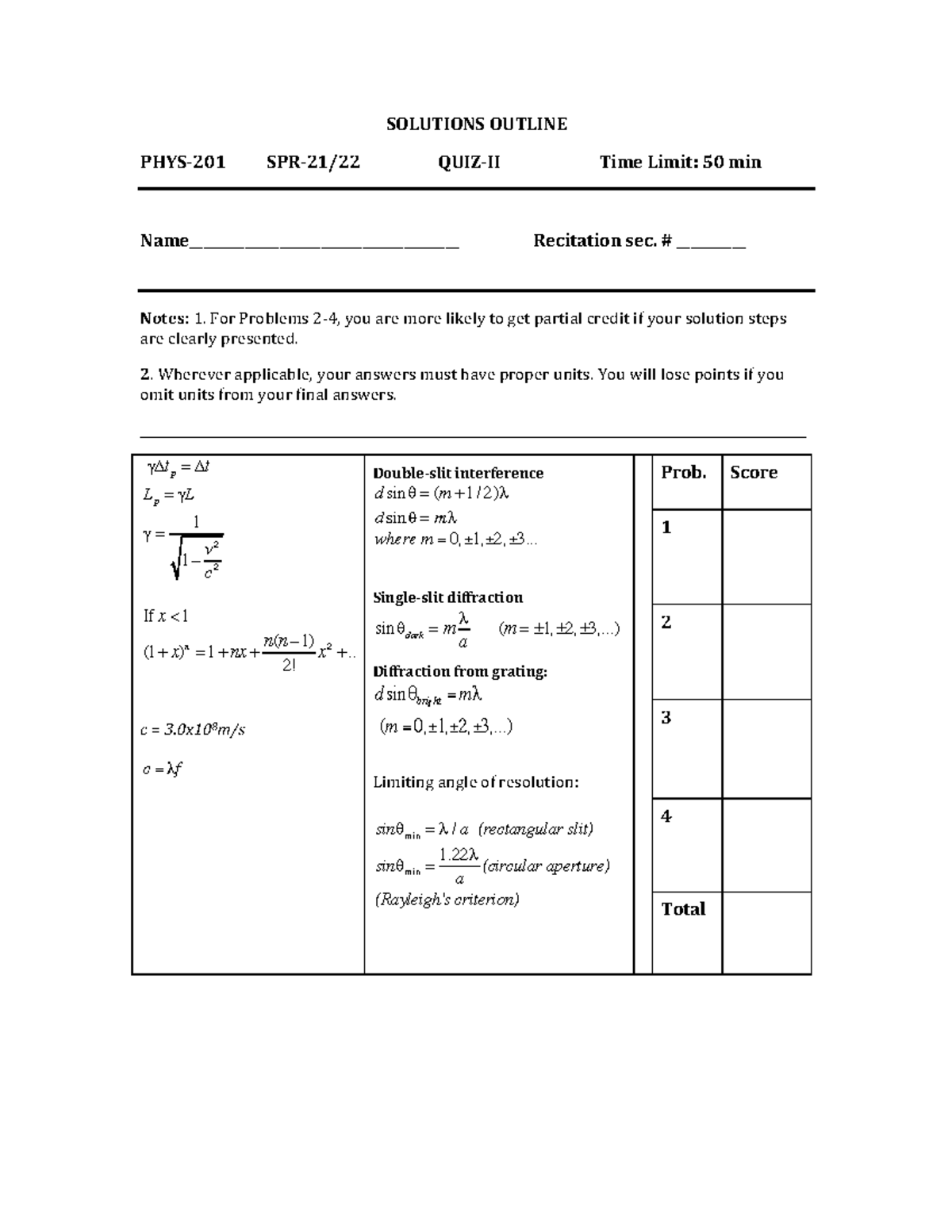 PHYS 201 SPR 21 22Q II - practice past examinations - SOLUTIONS OUTLINE ...
