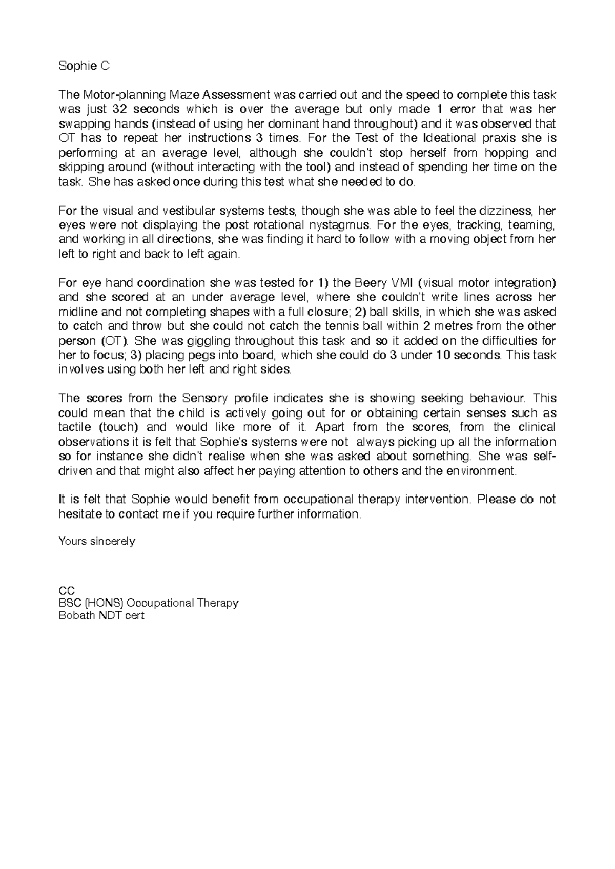 Draft Occupational Therapy report - Sophie C The Motor-planning Maze ...