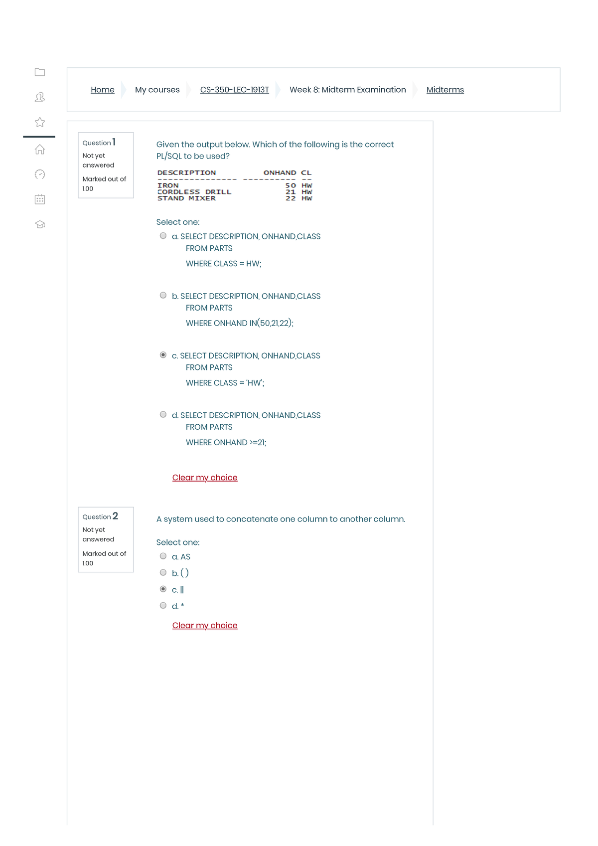 Pdfcoffee.com dbms-midterms-50pdf-pdf-free - Home My courses CS-350-LEC-1913T Week 8: Midterm ...
