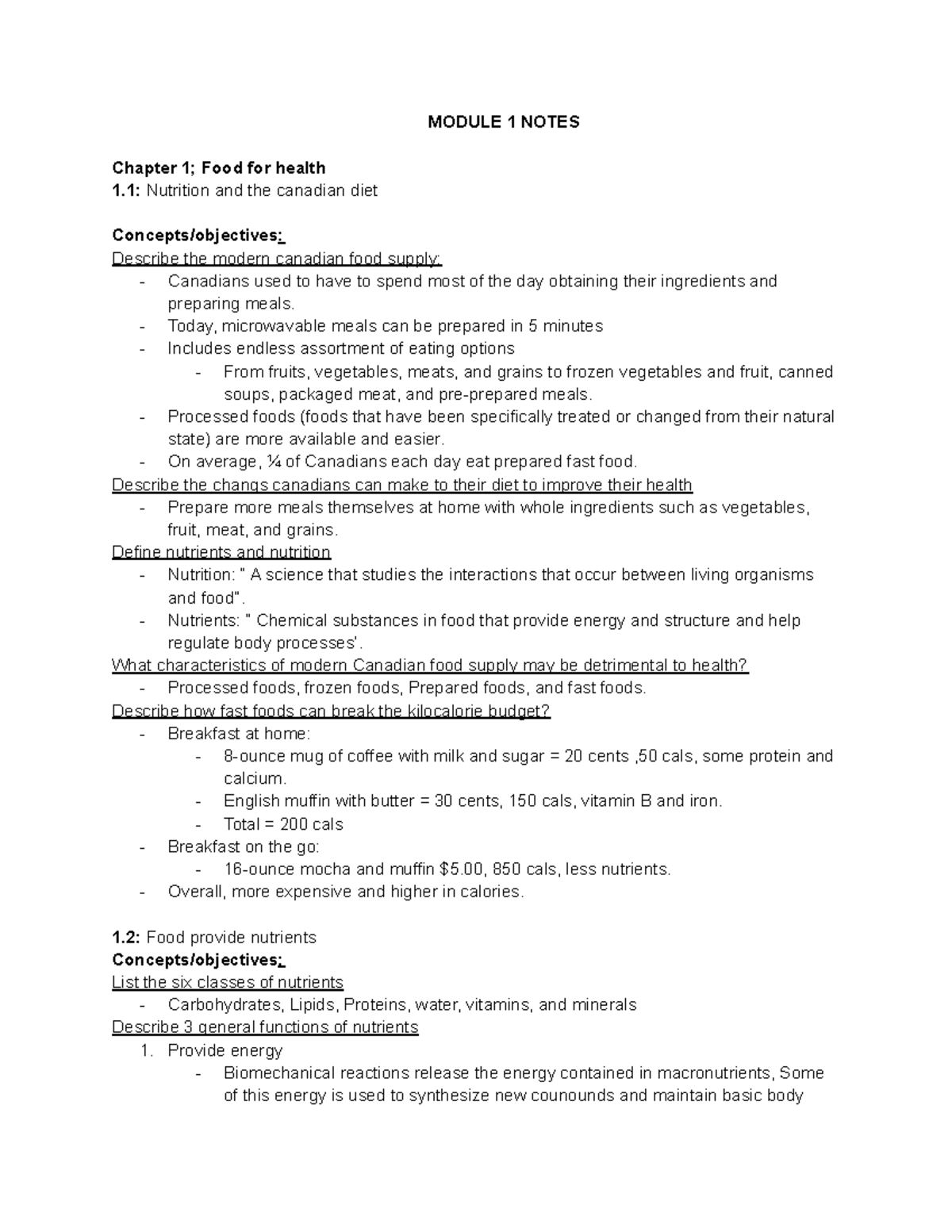 NUT module 1 notes - MODULE 1 NOTES Chapter 1; Food for health 1 ...