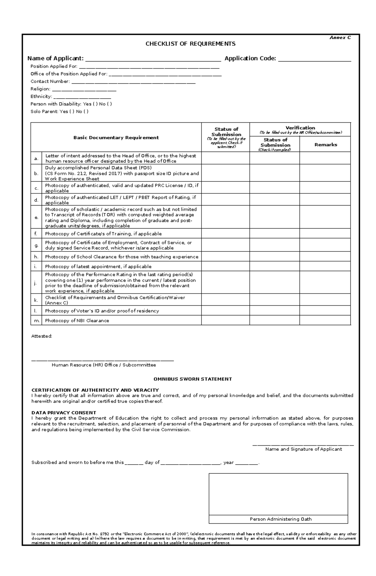 A Omnibus Sworn Statement - Annex C CHECKLIST OF REQUIREMENTS Name of ...
