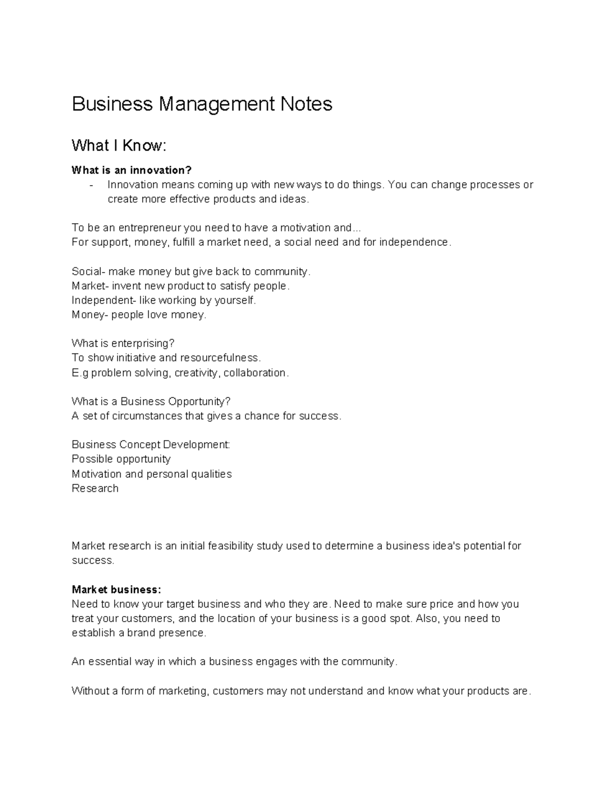 Notes - Something to try - Business Management Notes What I Know: What ...