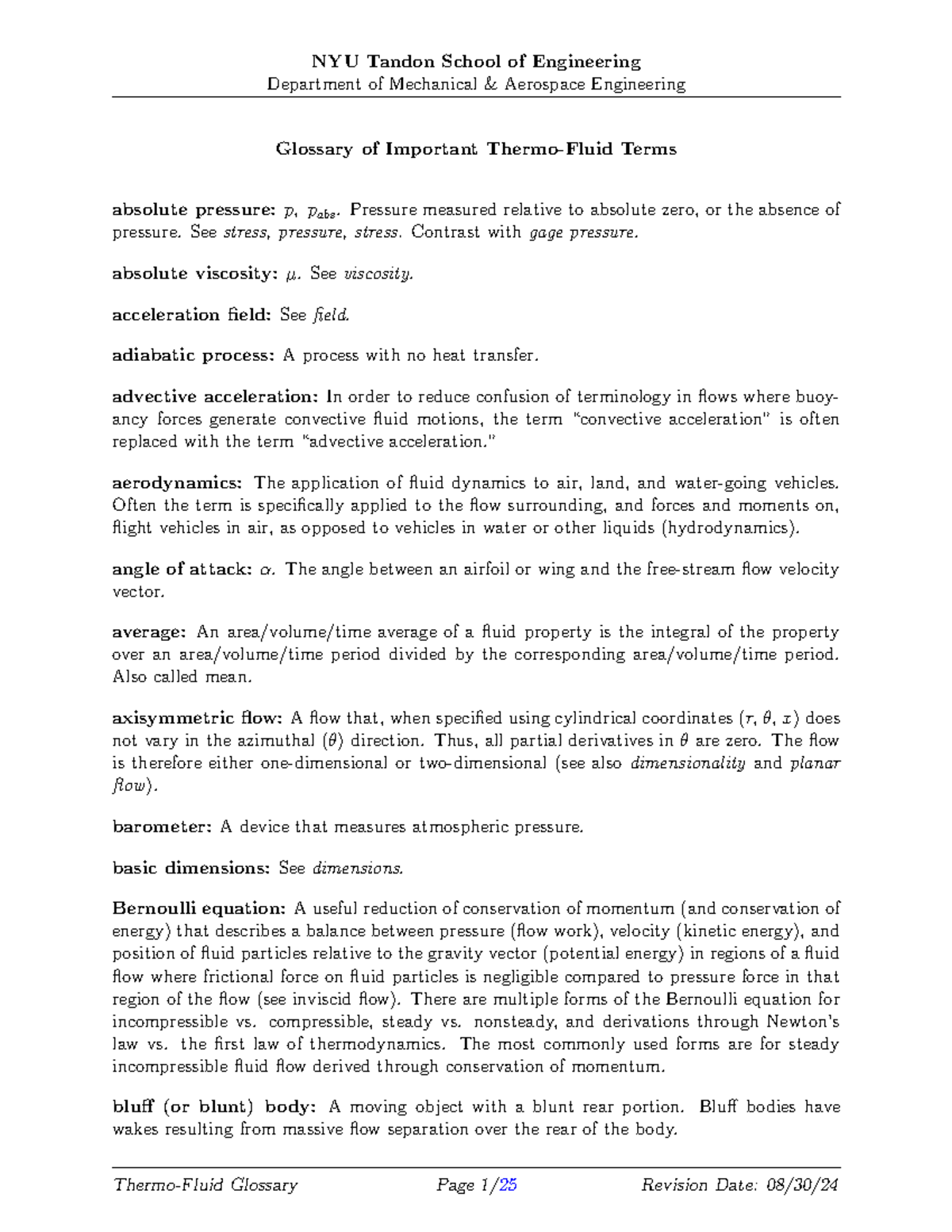 Thermo-Fluid Glossary 083024 - Department of Mechanical & Aerospace Engineering Glossary of ...