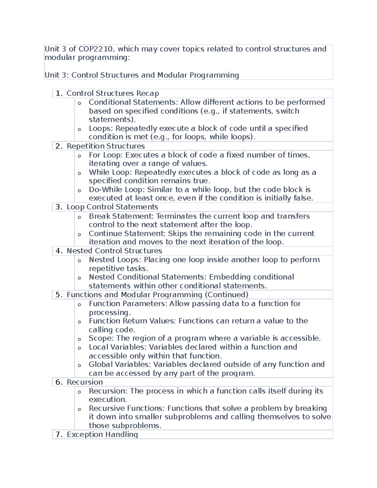 Unit 3 of COP2210 - Unit 3 of COP2210, which may cover topics related to control structures and ...