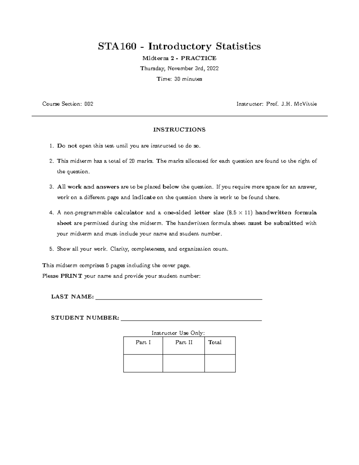 STA160 - Midterm 2 - Practice Questions - STA160 - Introductory Statistics Midterm 2 - PRACTICE ...