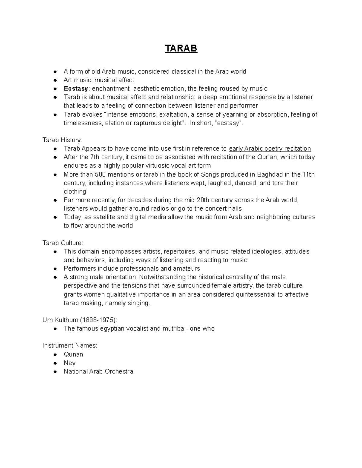 Tarab Music Notes - Yuxin Mei MUHI 1302 - TARAB A form of old Arab ...