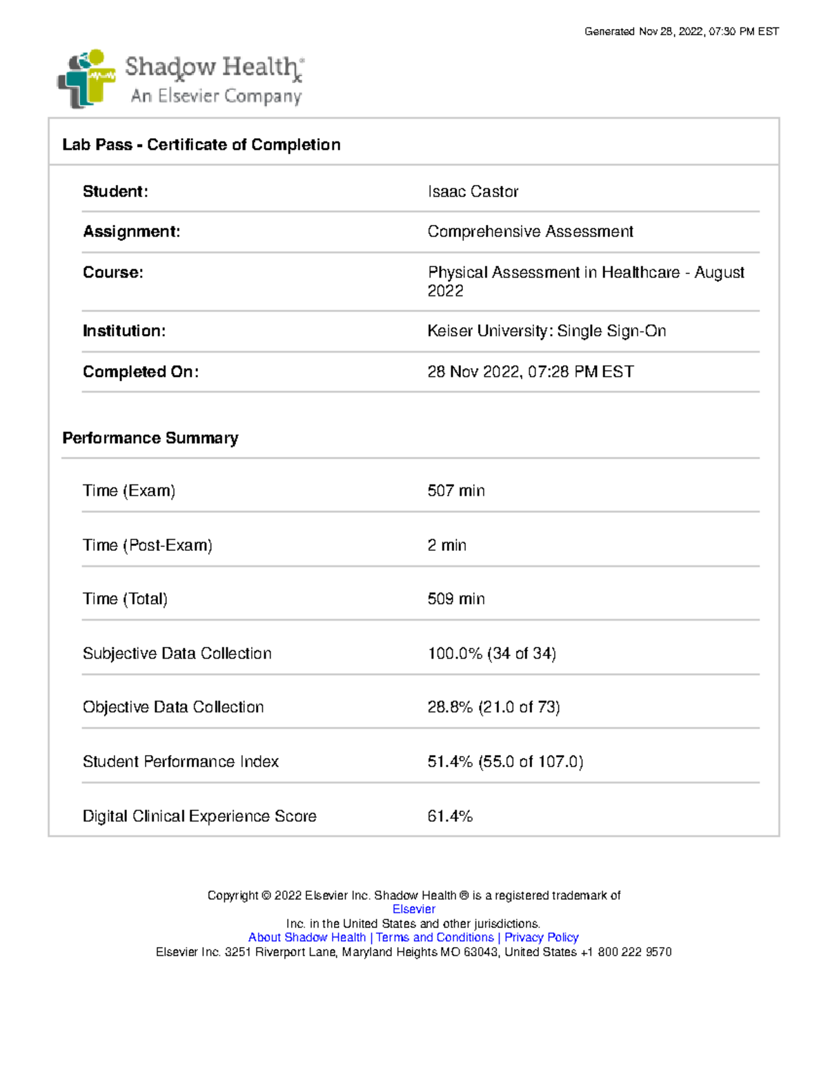 Castor isaac labpass (12) - Generated Nov 28, 2022, 07:30 PM EST Lab ...