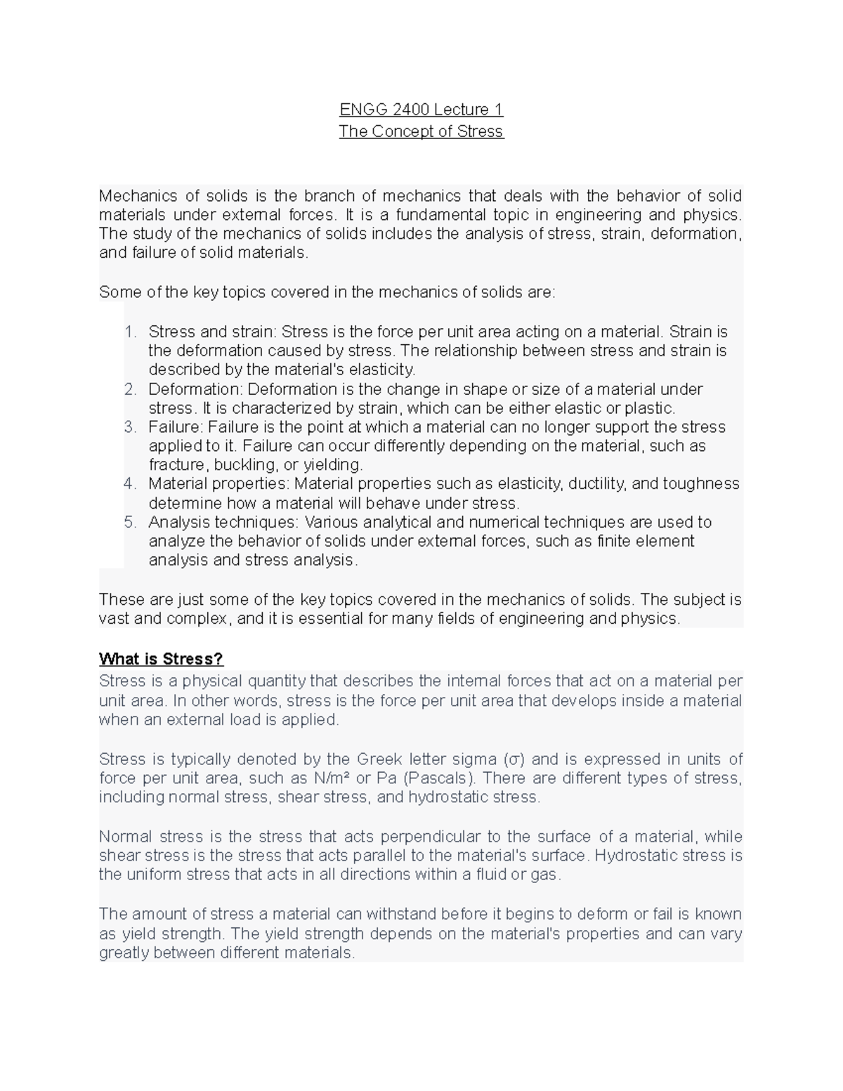 ENGG 2400 Lecture 1 Introduction to stress - ENGG 2400 Lecture 1 The Concept of Stress Mechanics ...