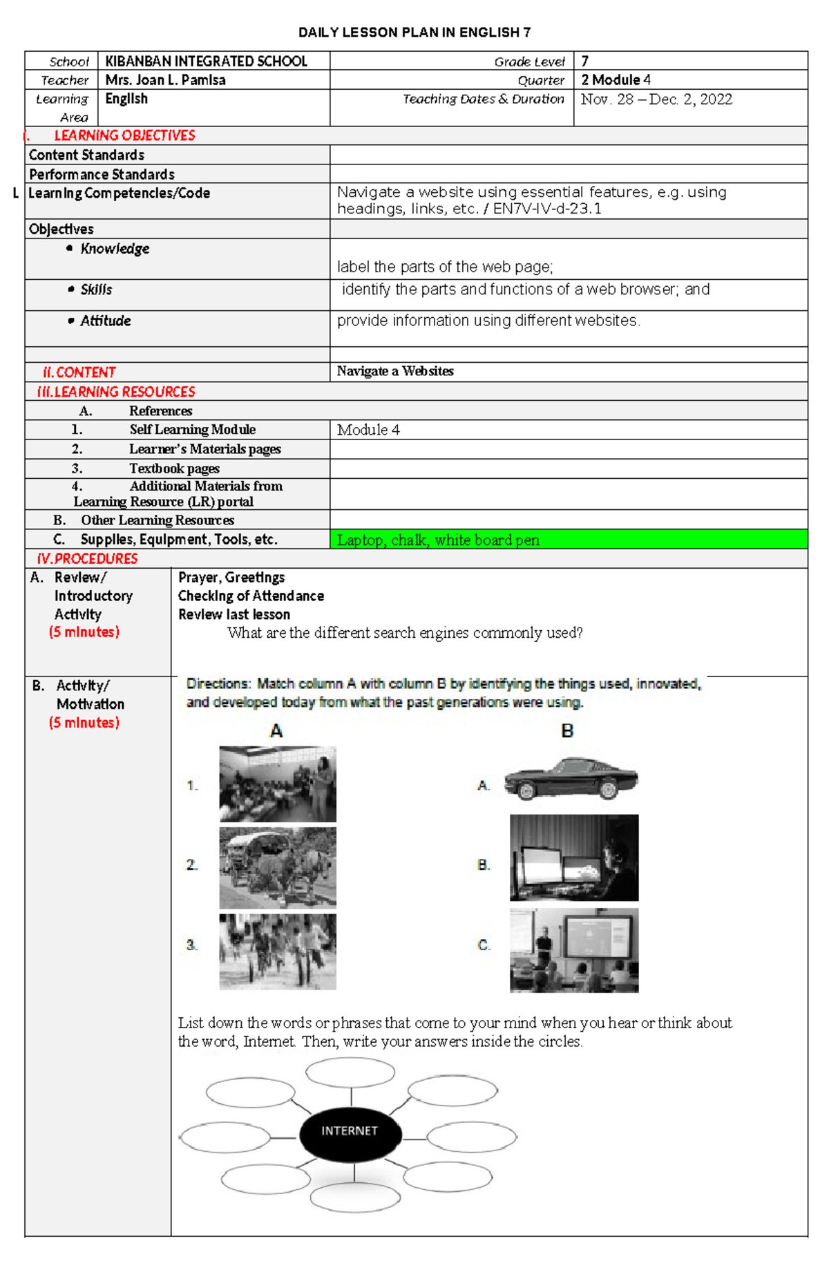 Daily Lesson PLAN IN English 7 4th WEEK - Copy - DAILY LESSON PLAN IN ...