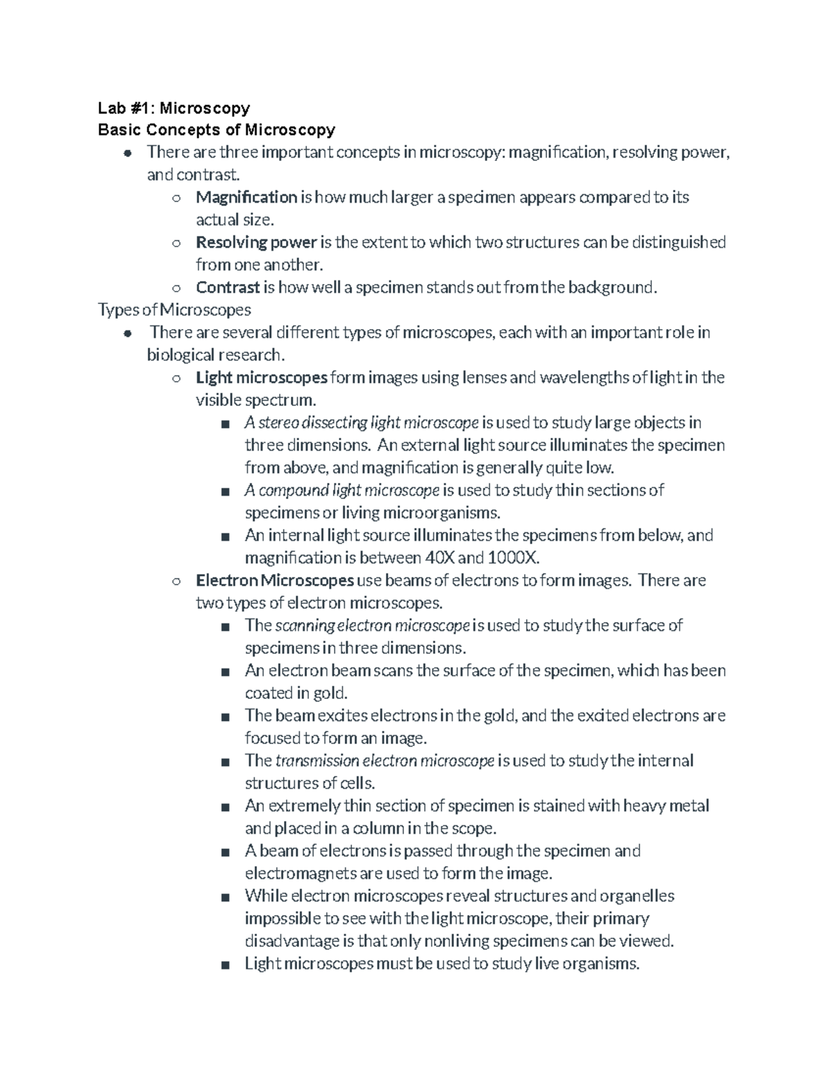 Lab #1 Microscopy notes - Lab #1: Microscopy Basic Concepts of ...