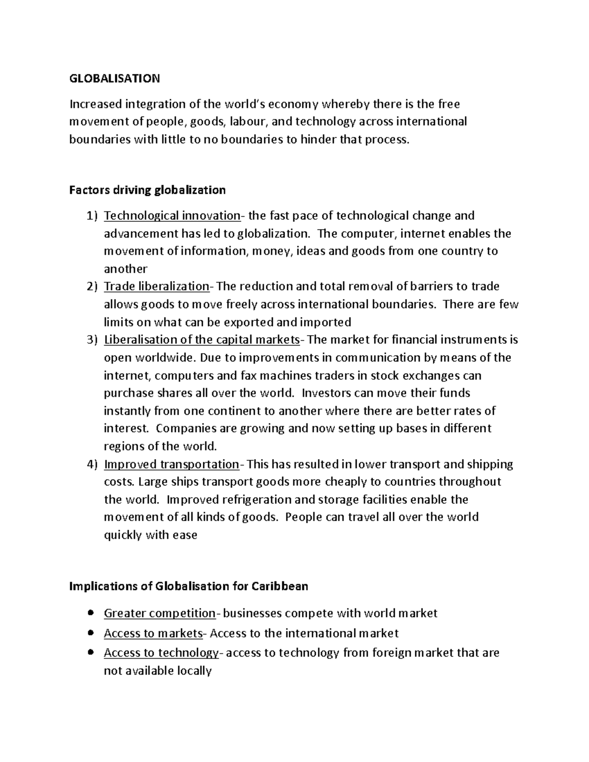 Globalisation notes - .... - GLOBALISATION Increased integration of the ...