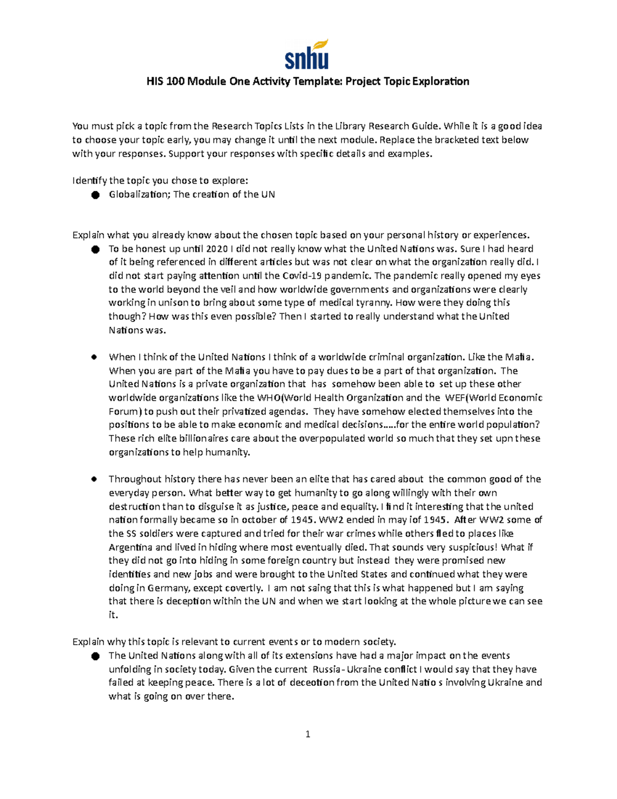 Lein HIS 100 Module One Activity Template - While it is a good idea to ...