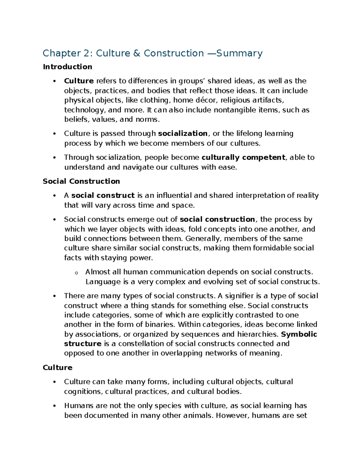 Chapter 2 summary - Sociology Notes - Chapter 2: Culture & Construction ...