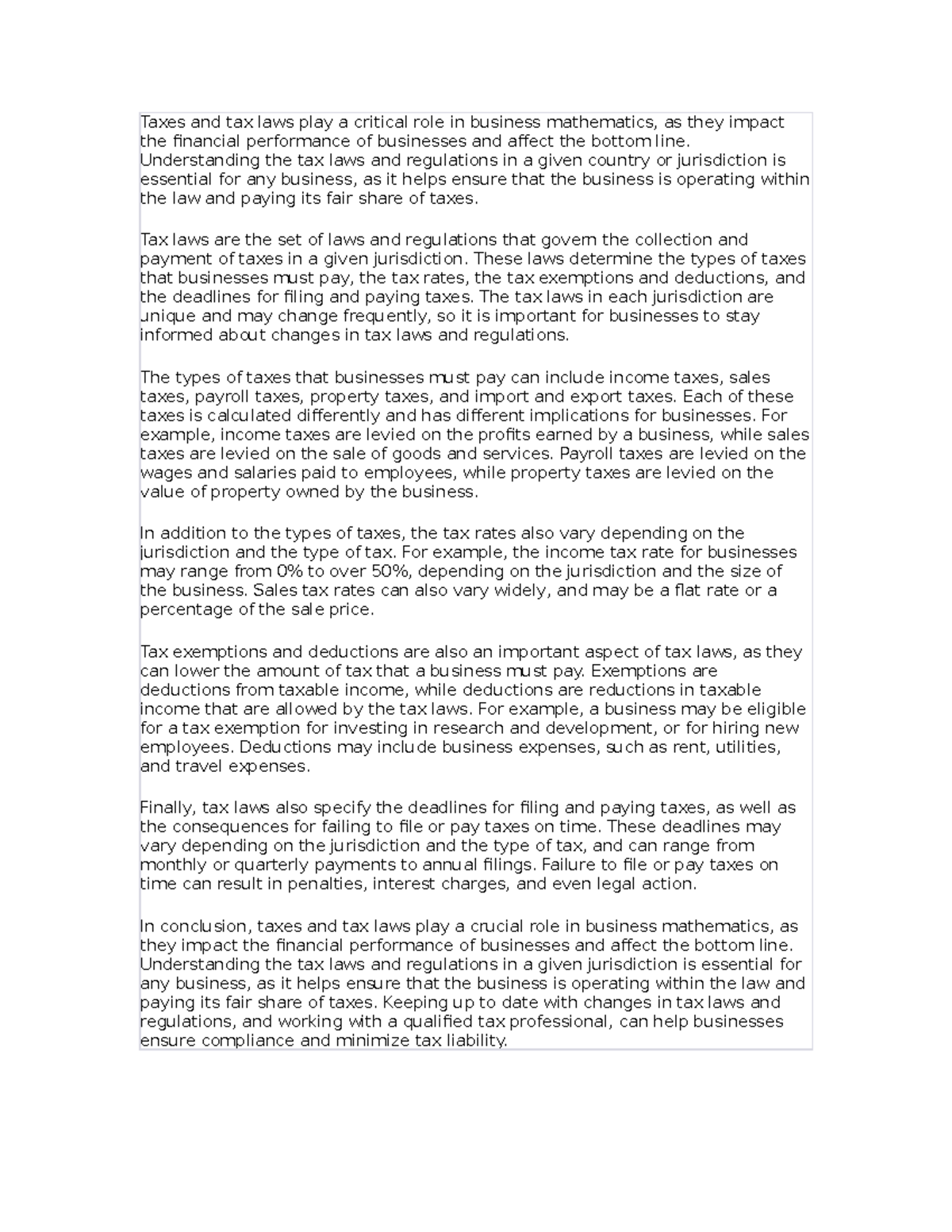 Taxes and tax laws play a critical role in business mathematics ...