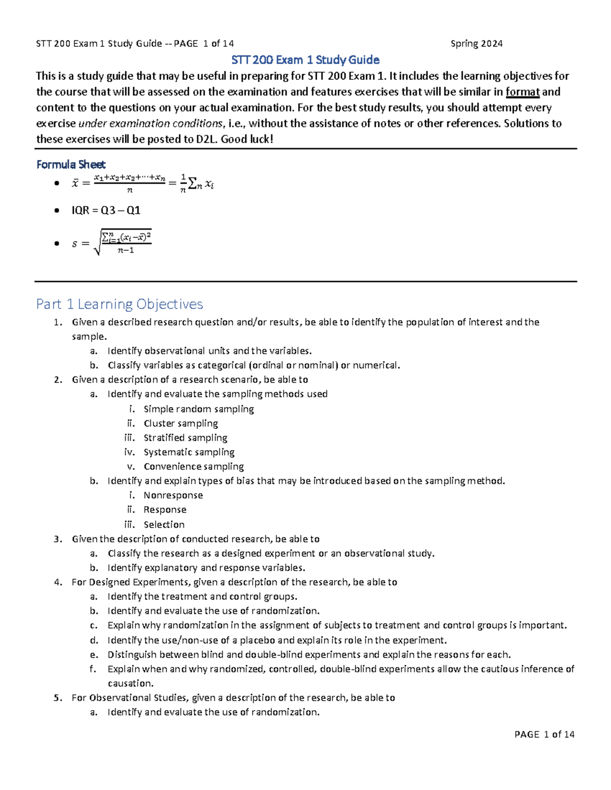 SS24-STT200 Midterm 1Study Guide - STT 200 Exam 1 Study Guide This is a study guide that may be ...