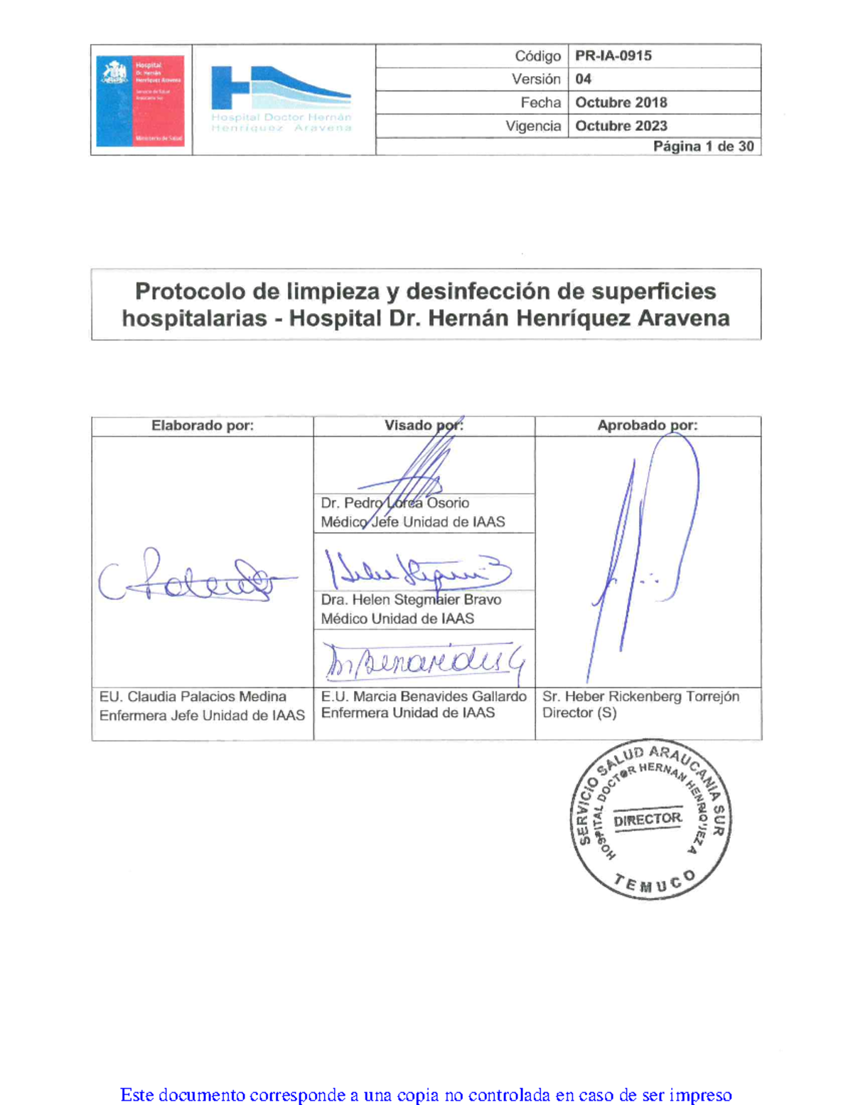Protocolo Limpieza y Desinfeccion de Superficies Hospitalarias 4V Oct2018 WEB - Versión 04 Fecha ...
