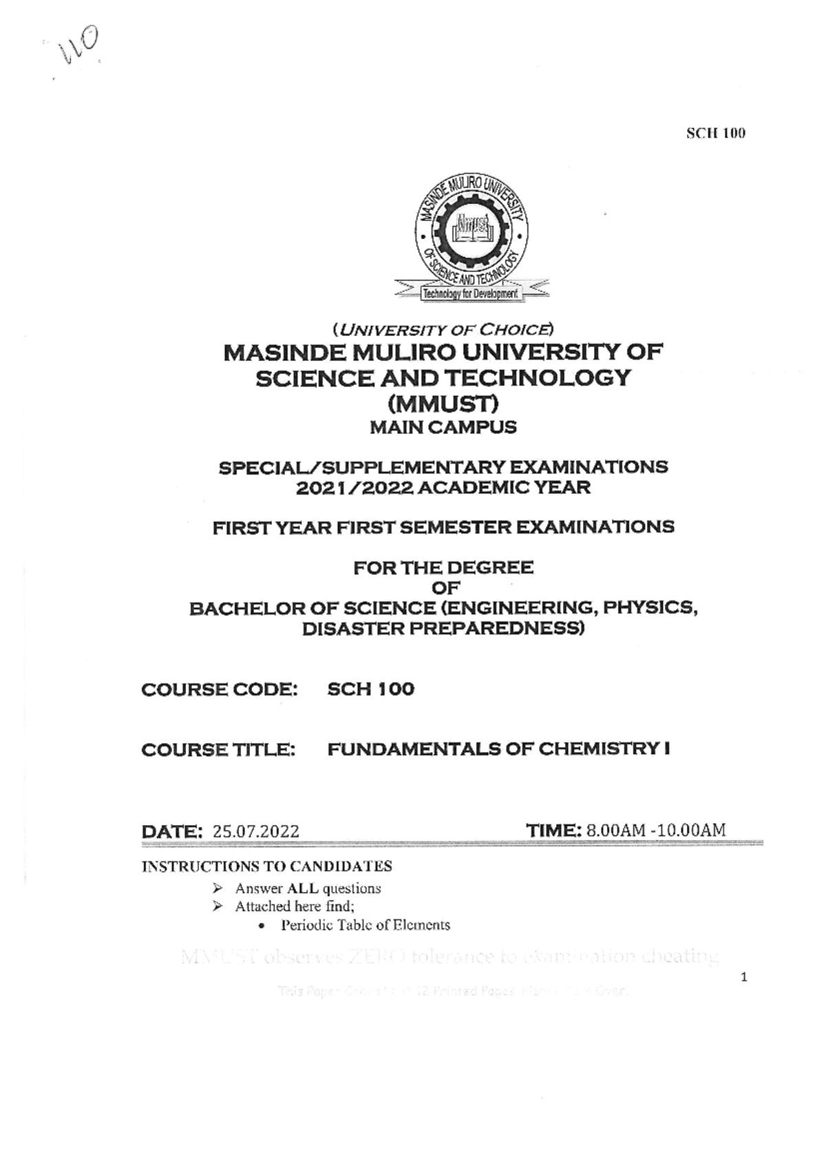 SCH 100 - Revision questions - 110 SCH 100 MULIRO Technology for ...