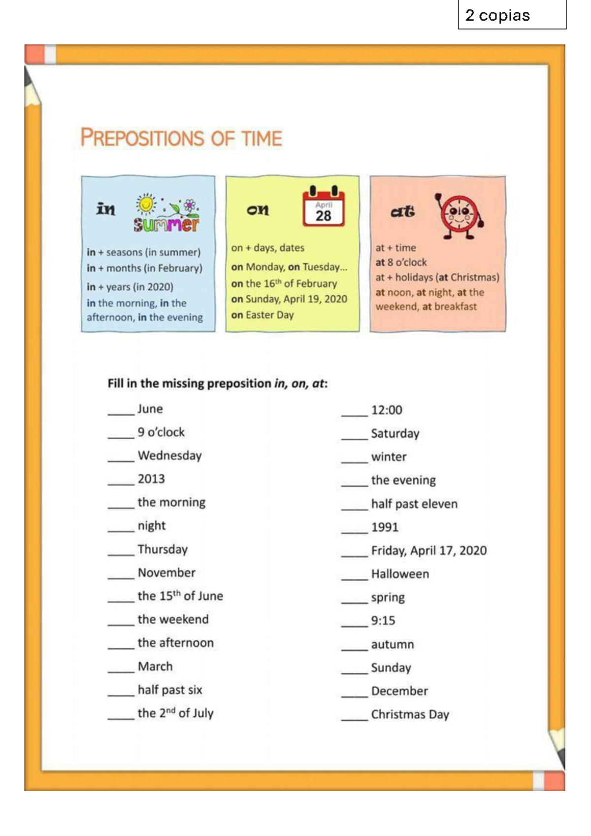 Fichas Material Inggles - PREPOSITIONS OF TIME in April on 28 at summer ...