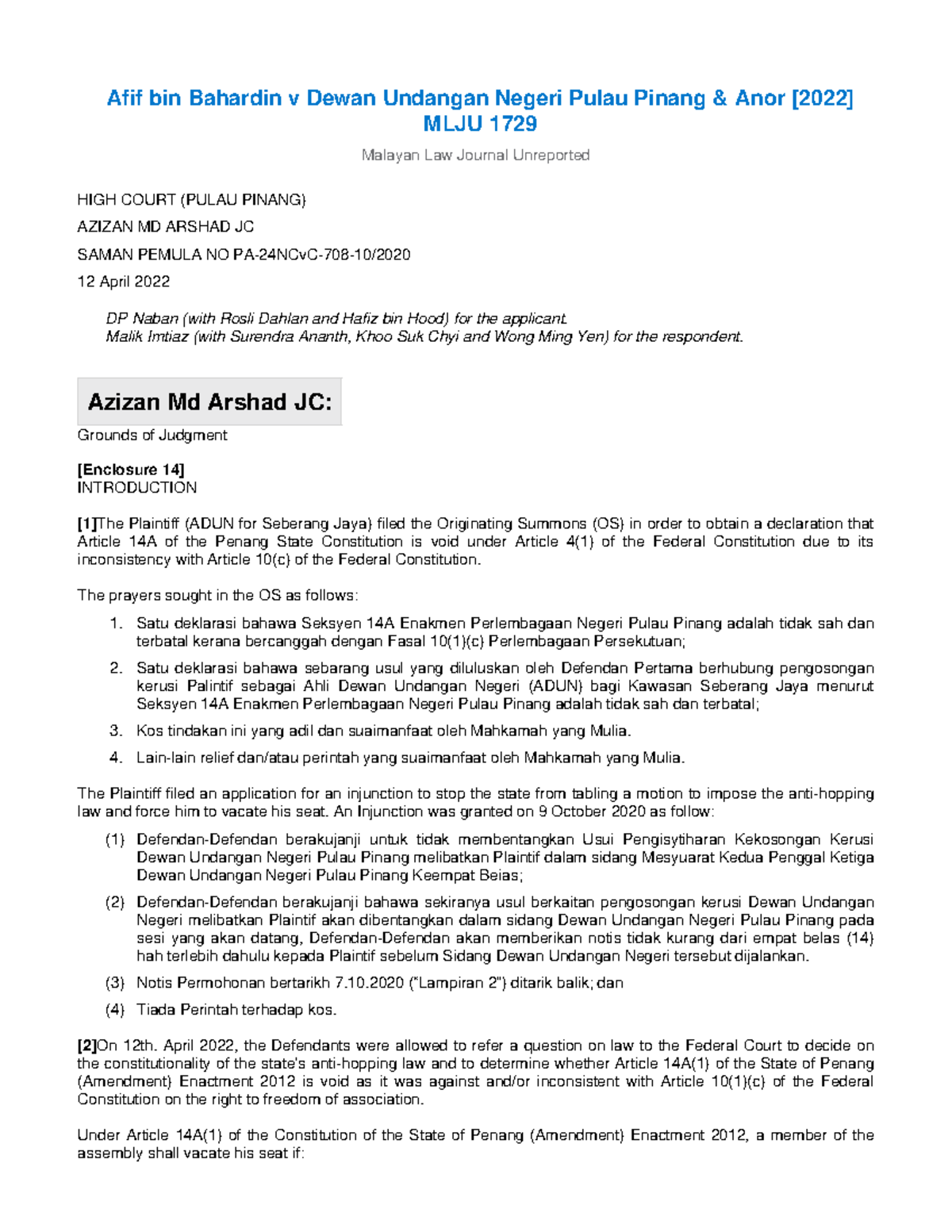 Afif bin Bahardin v Dewan Undangan Negeri Pulau Pinang - Malik Imtiaz ...