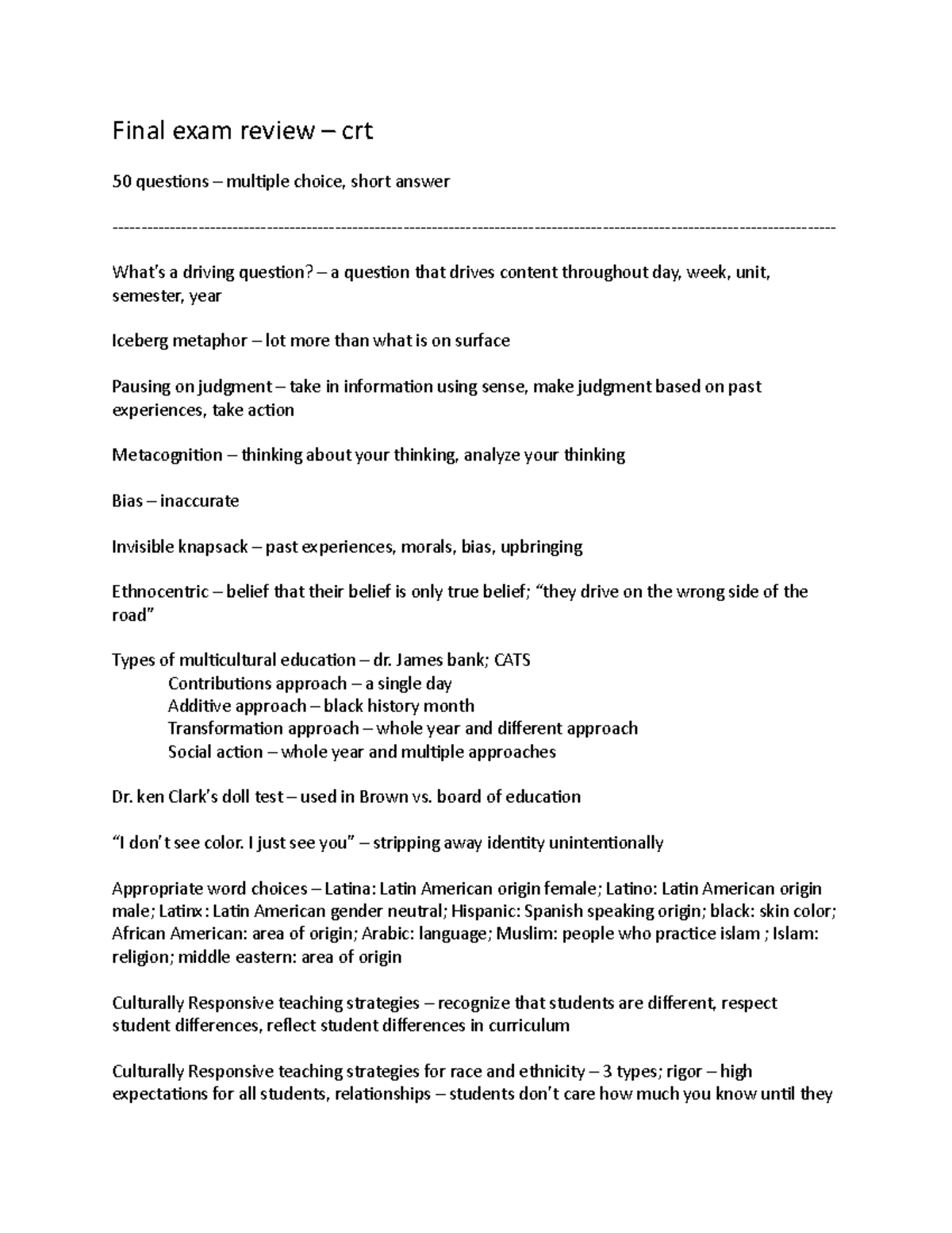 Final review - crt - Final exam review – crt 50 questions – multiple ...