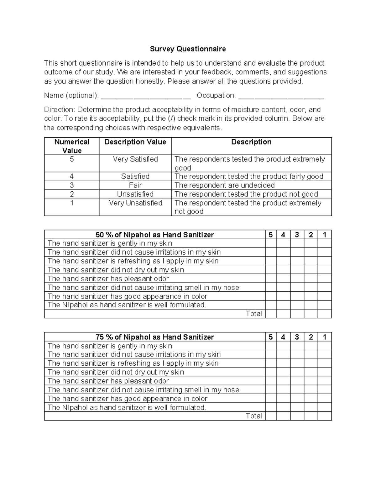Survey Questionnaire - additional information - Survey Questionnaire ...