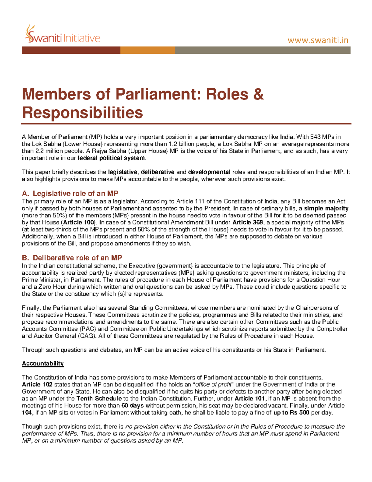 Role of an MP Mplads - role of mla - swaniti Members of Parliament ...
