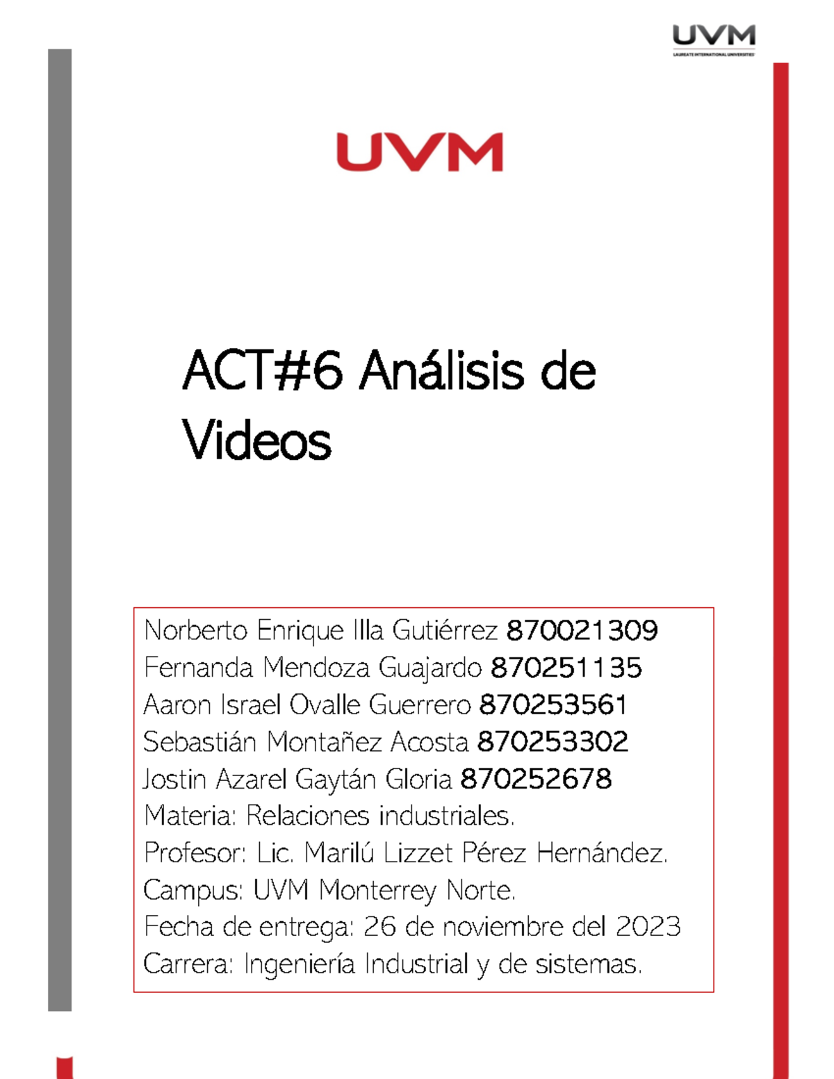 ACT#6 Equipo - tarea - ACT# 6 Análisis de Videos Norberto Enrique Illa ...